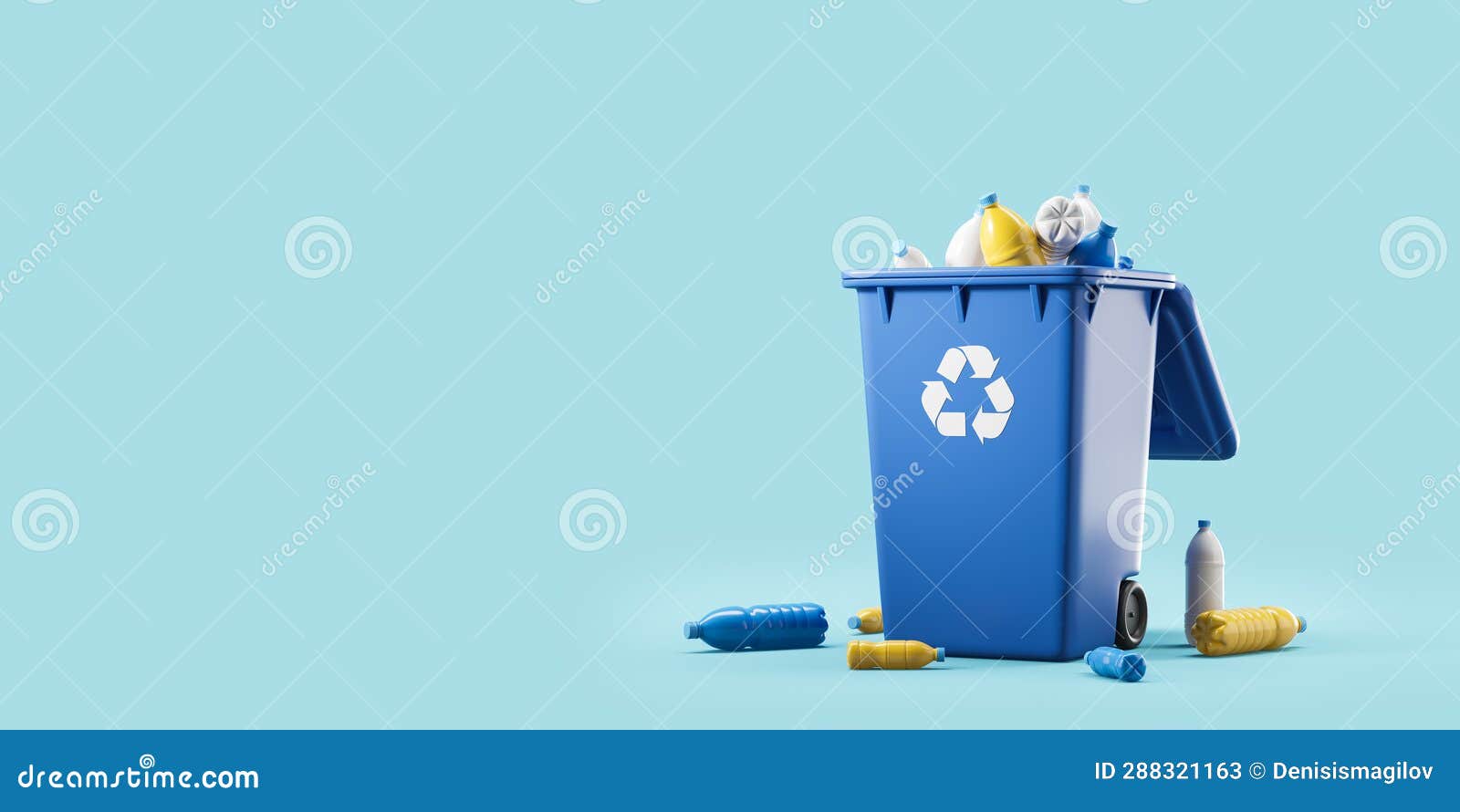 Blue Trash Container with Plastic Bottles, Empty Blue Background Stock ...