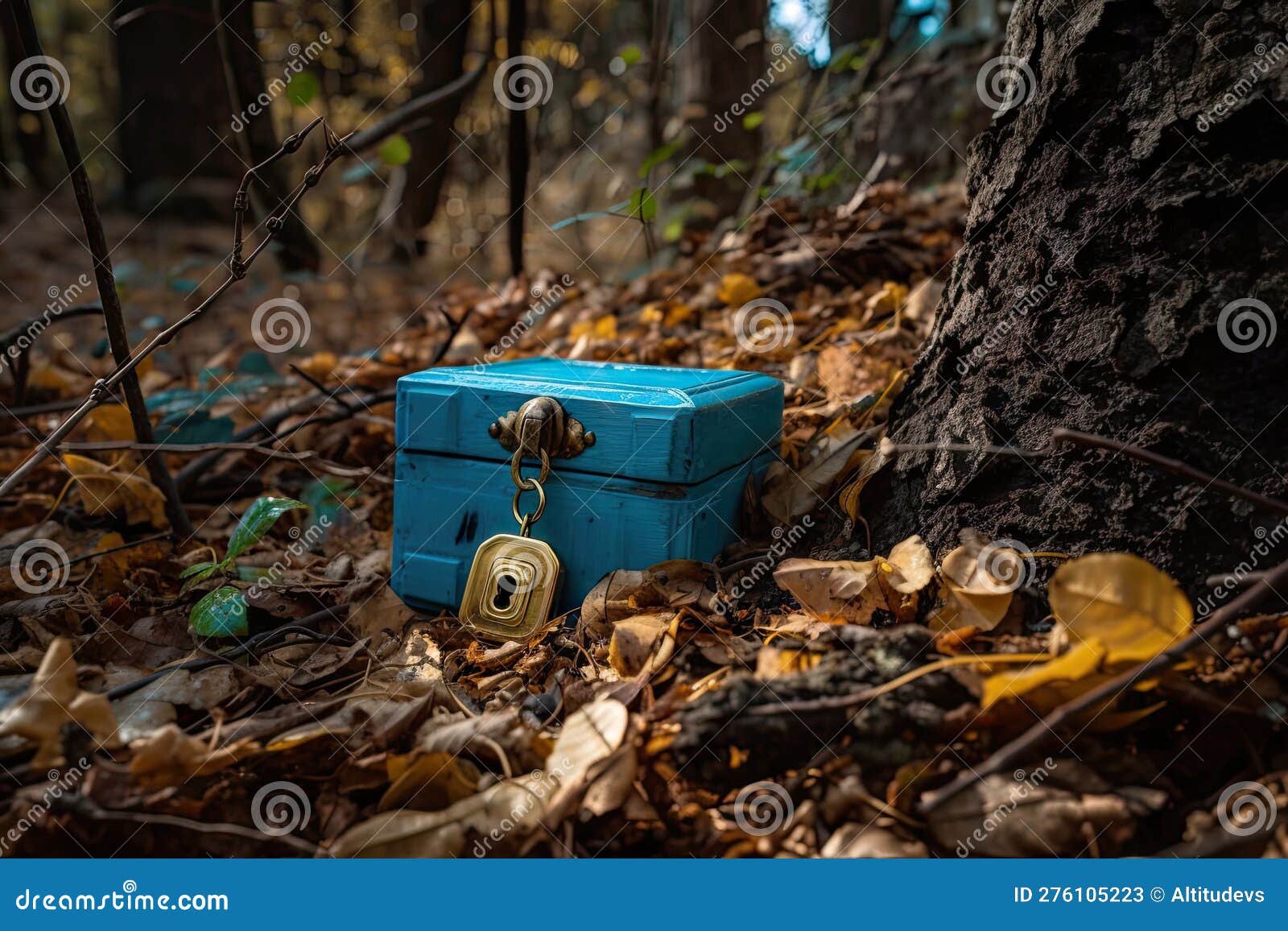 Blue Treasure with a Gold Lock and Key Hidden in the Forest Stock ...