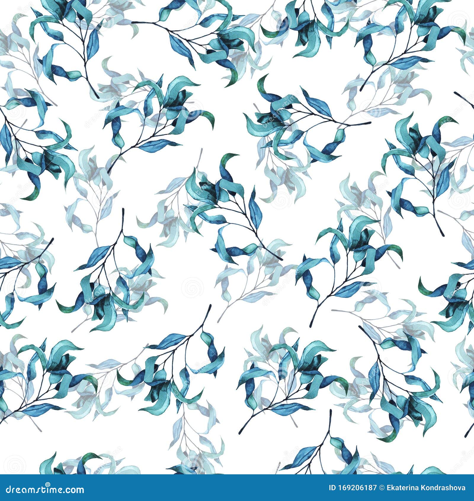 Decorative Blue Tree Branches Pattern. Watercolor Illustration. Stock ...