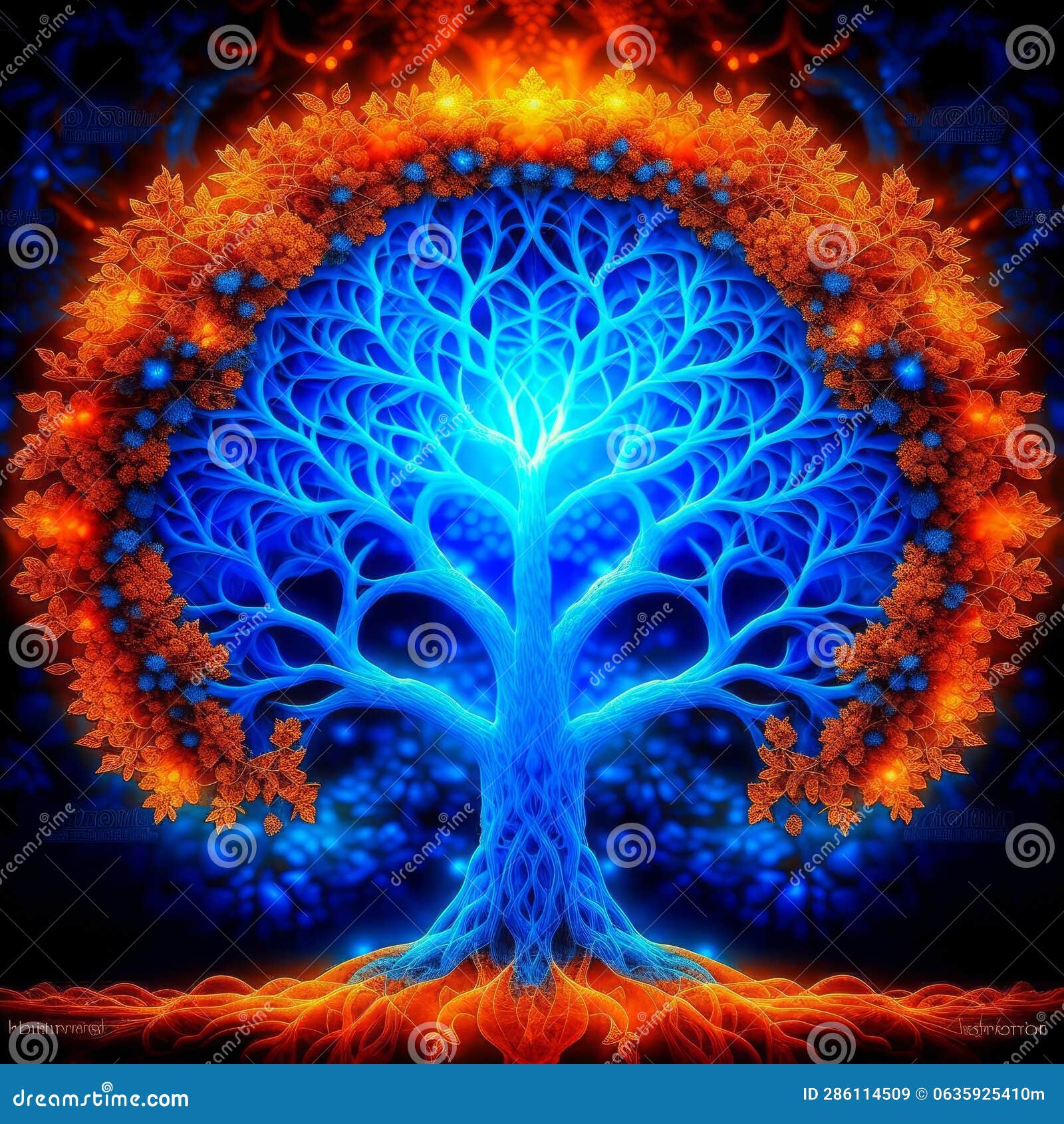 Blue Tree of Life with Fiery Leaves. Stock Illustration - Illustration ...