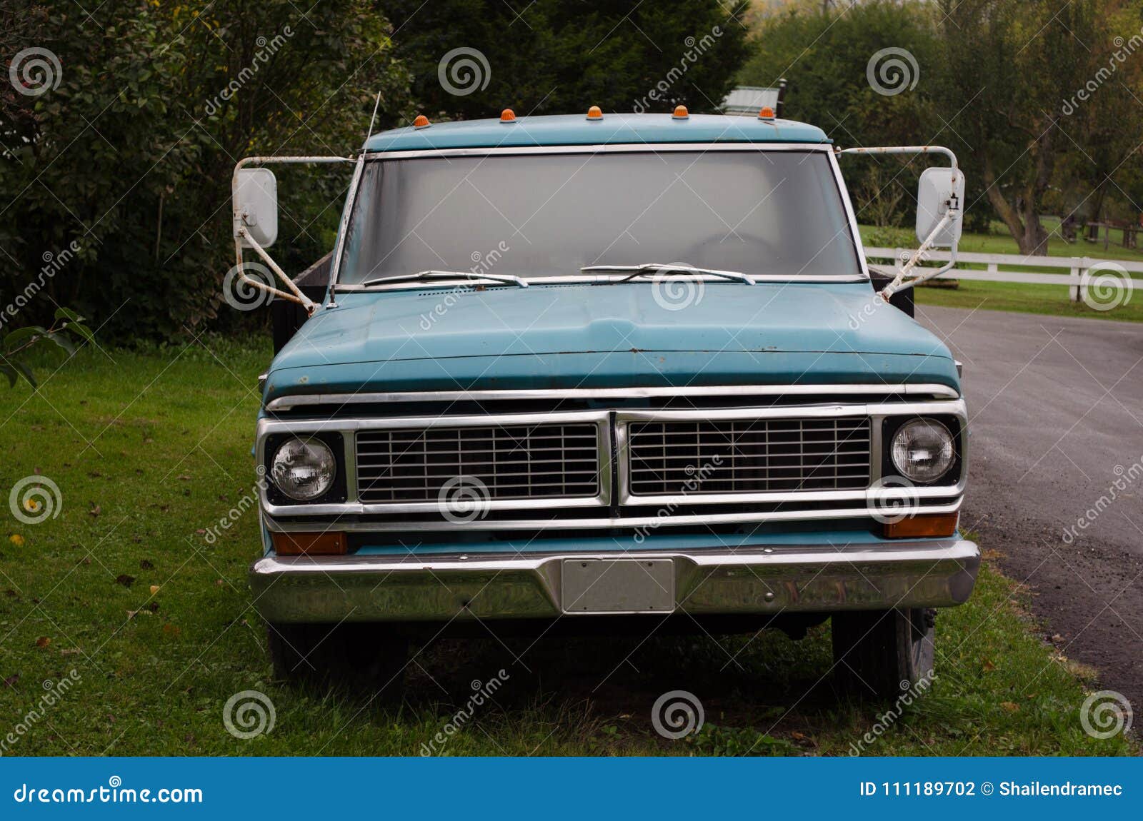 Blue Truck Parked on Road Side on the Grass Stock Photo - Image of ...