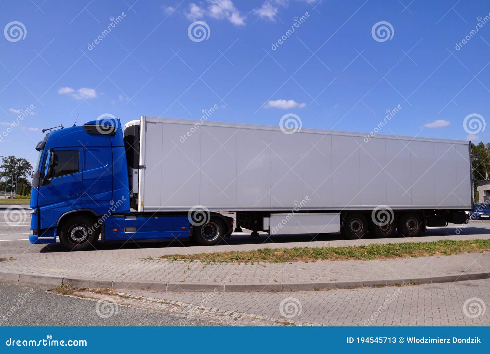 A Blue Truck with a White Trailer. Break in a Trip Stock Image - Image ...