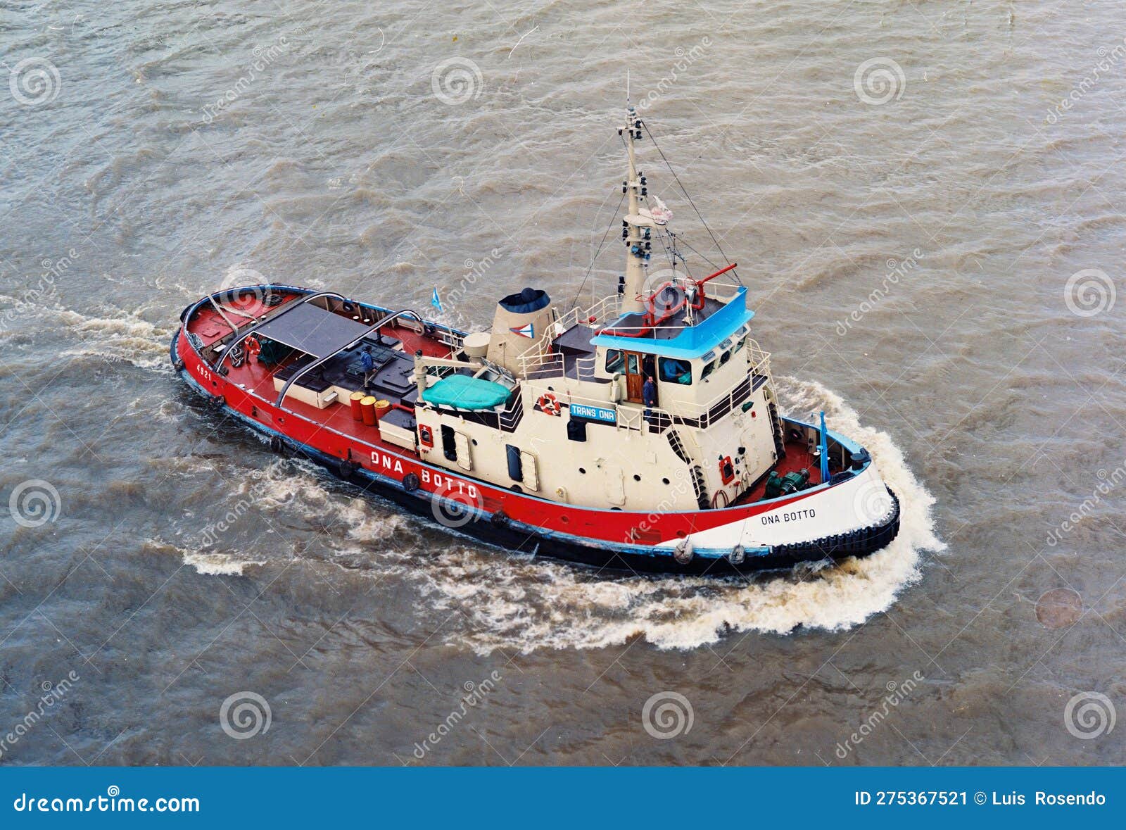 Blue Tug Boat with White Superstructure Underway, Side View Stock Image ...