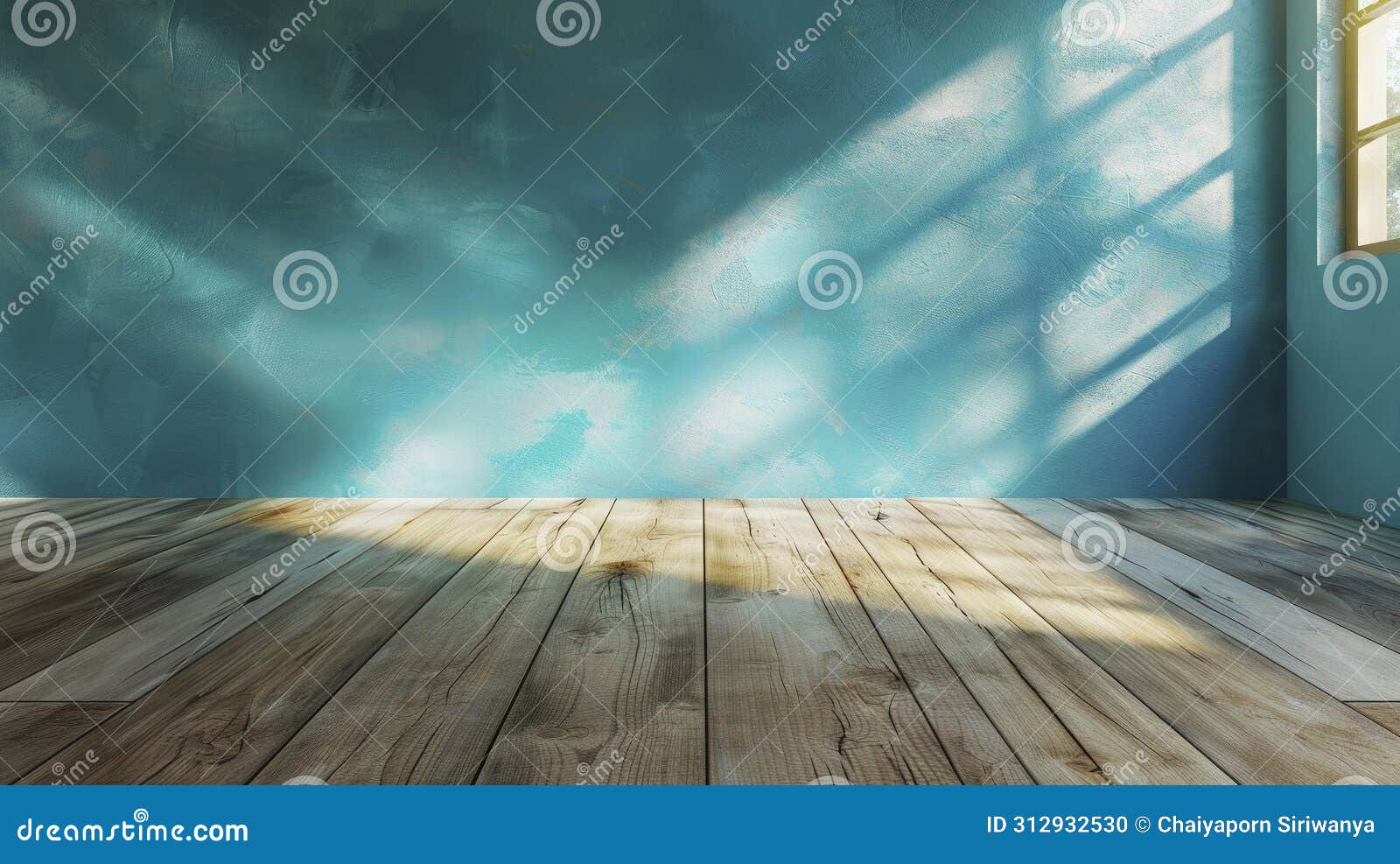 Interesting Blue-turquoise Bare Wall and Wooden Floor with Window Glare ...