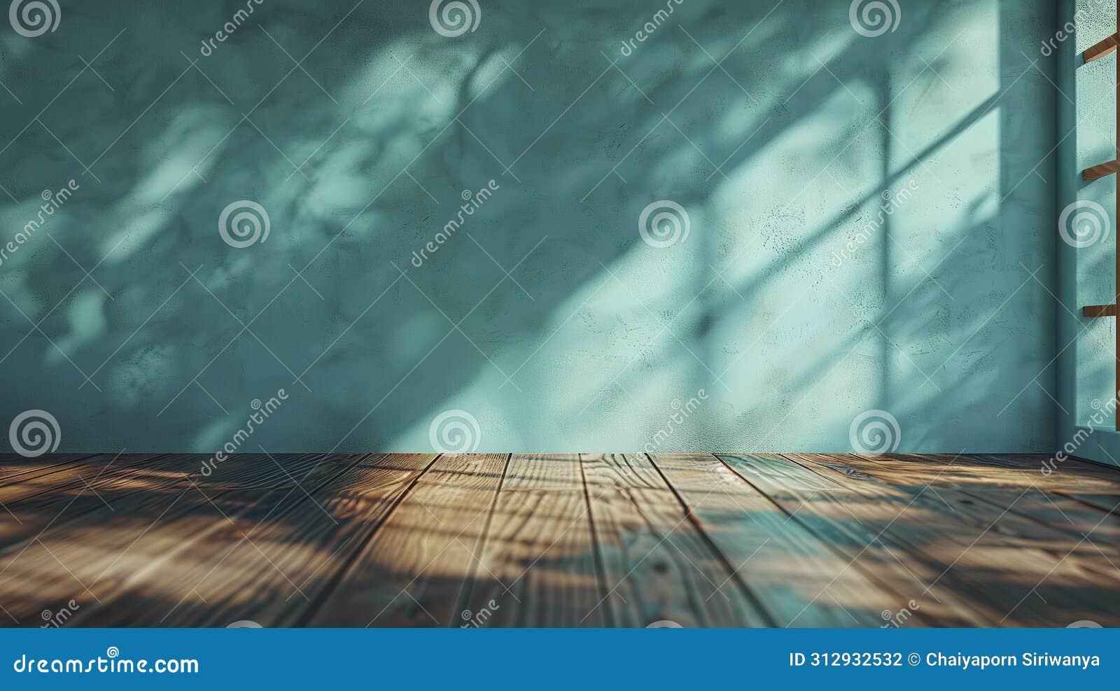 Interesting Blue-turquoise Bare Wall and Wooden Floor with Window Glare ...