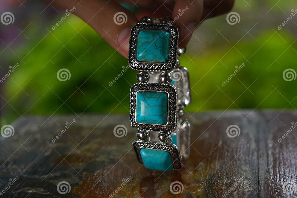 Blue Turquoise a Silver Bangle Decorated with Multiple Turquoise ...