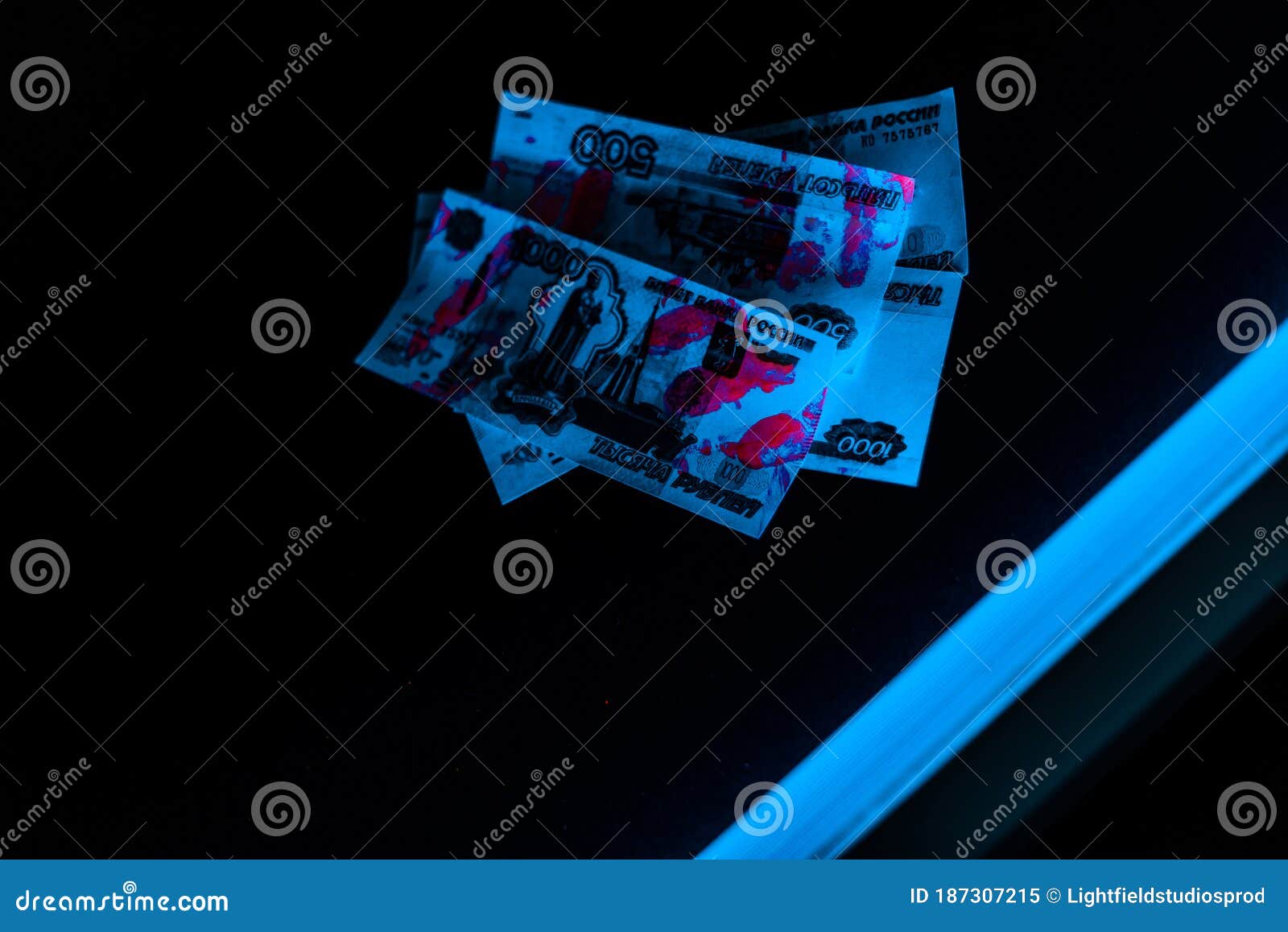 Ultraviolet Lightning on Russian Money on Black Stock Image - Image of ...