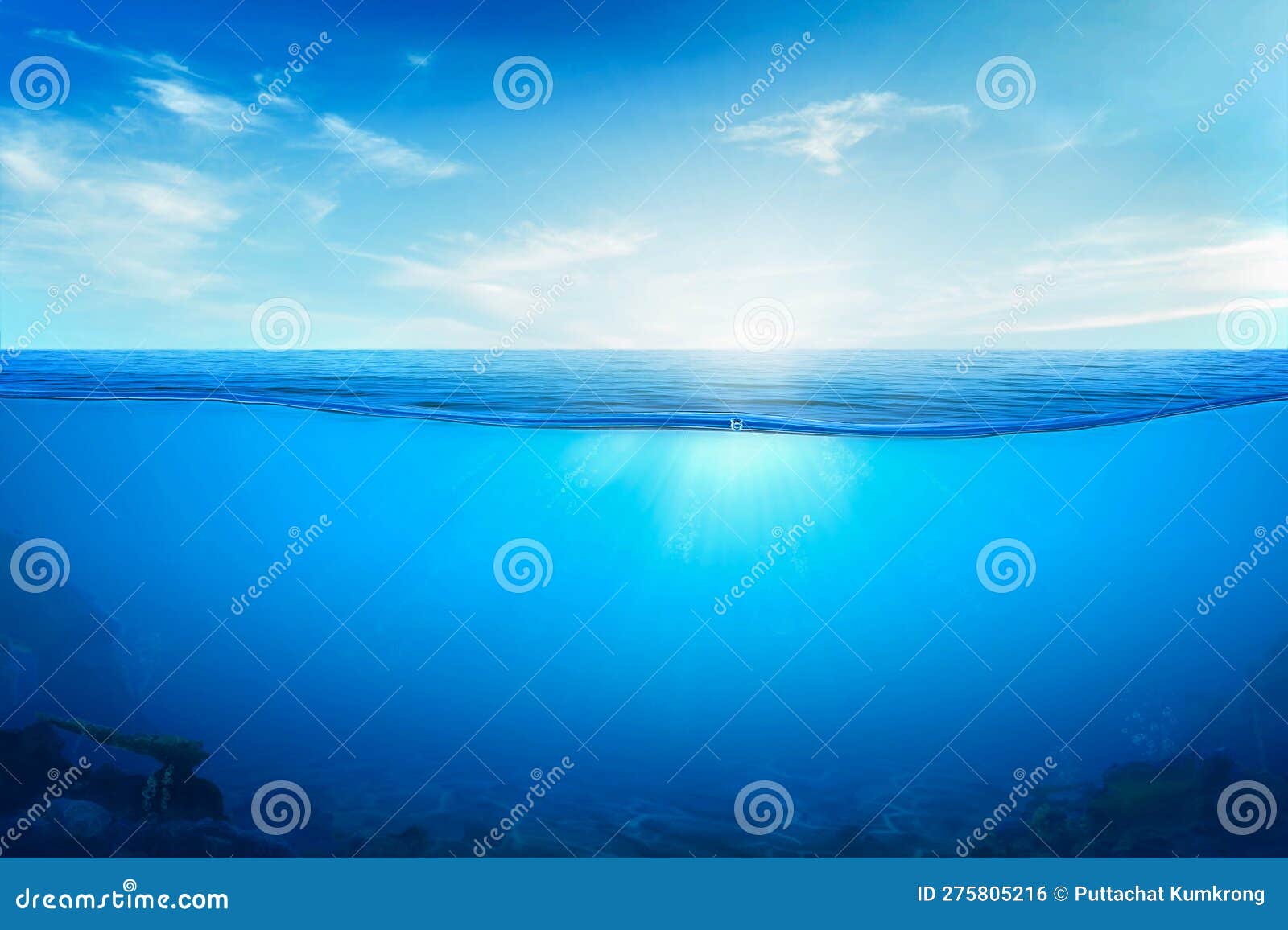 BLUE UNDER WATER Waves and Bubbles. Beautiful White Clouds on Blue Sky ...