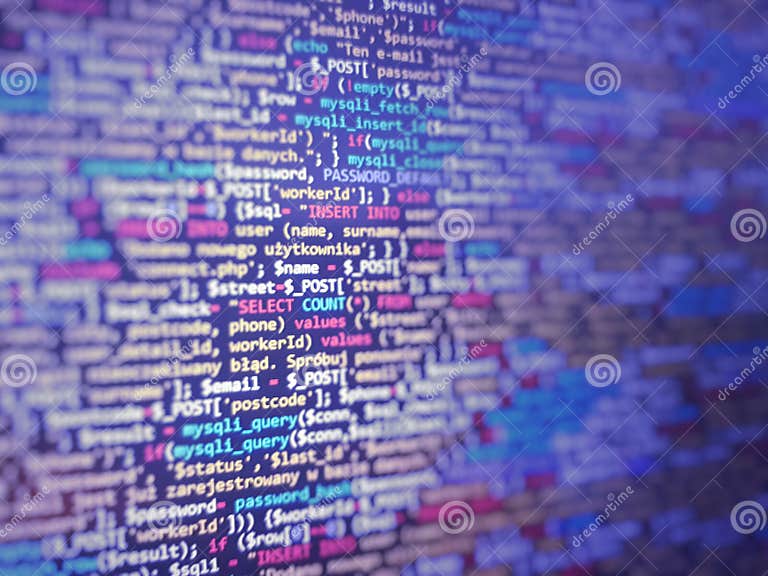 Blue Unique Background. Programming PHP on Laptop Computer Screen ...