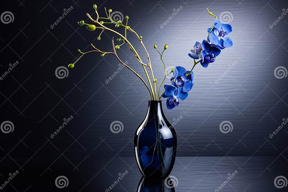 Blue Vase with Blue Flowers on Table Stock Photo - Image of table ...