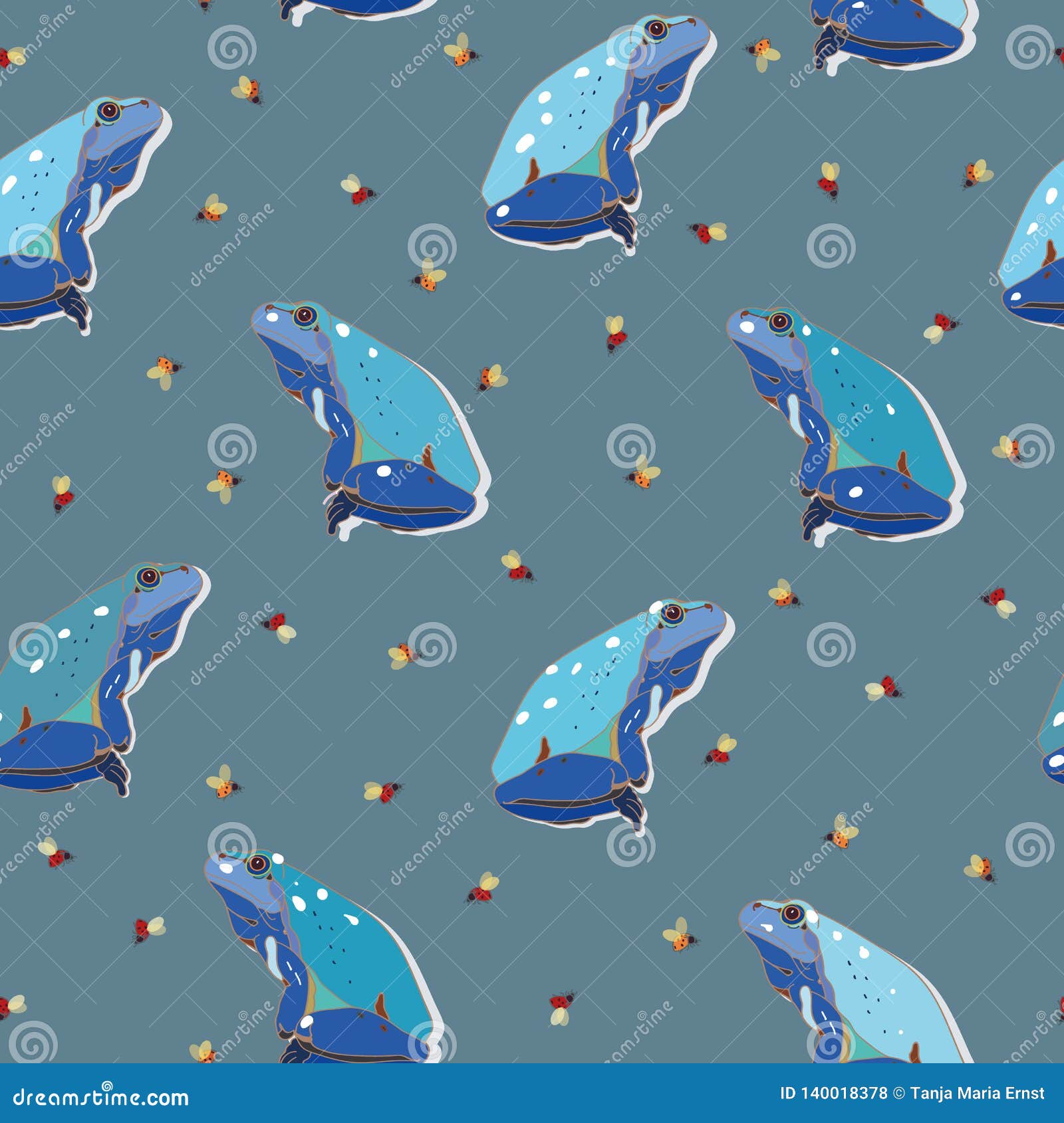 Blue Pattern with Turquoise Frog and Ladybug. Stock Vector ...