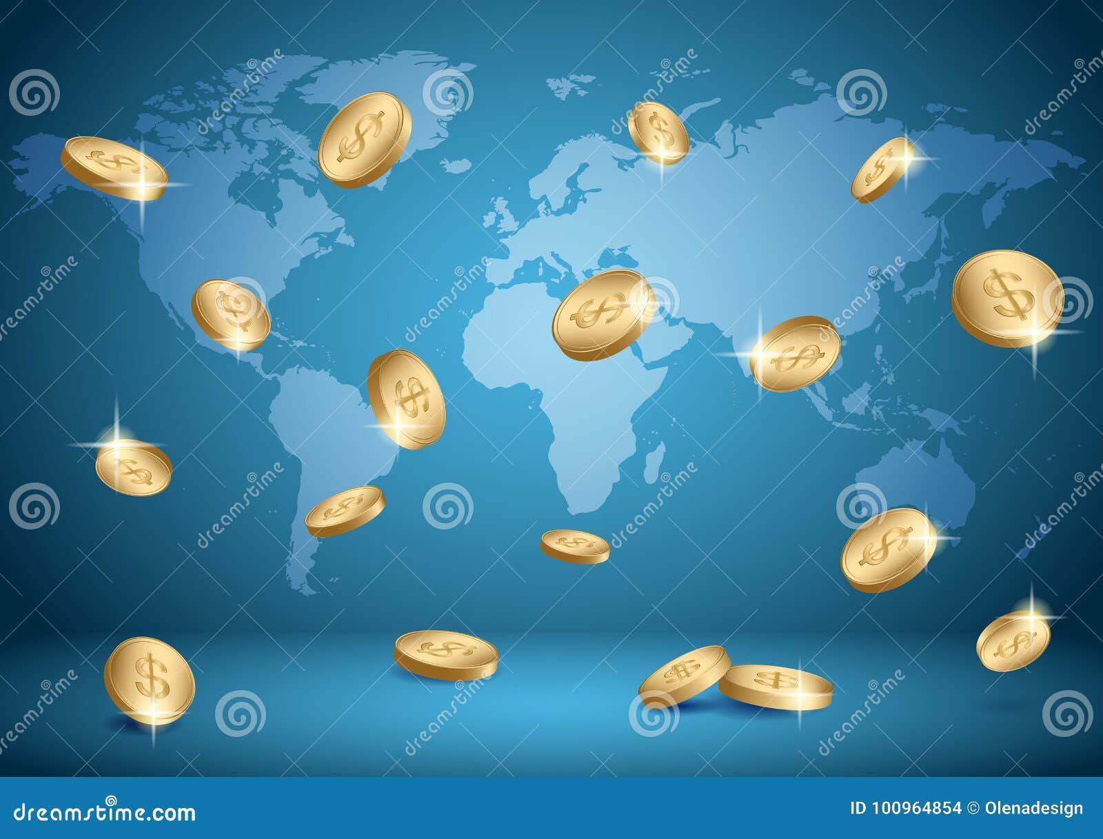 Blue Vector Background with World Map and Coins - Dollars Stock Vector ...