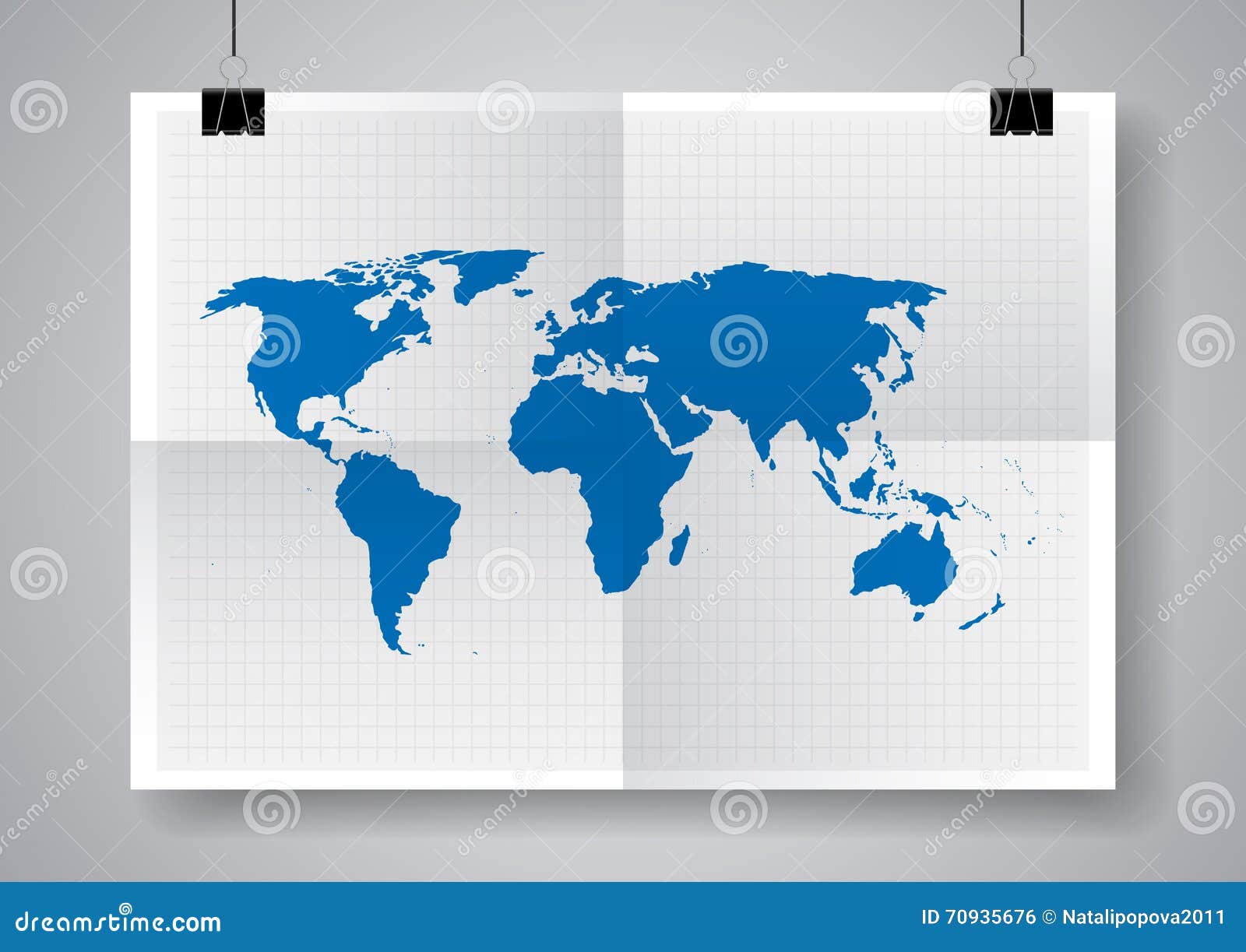 Blue Vector Map. World Map Template. Twice A Folded Poster With Clamps ...