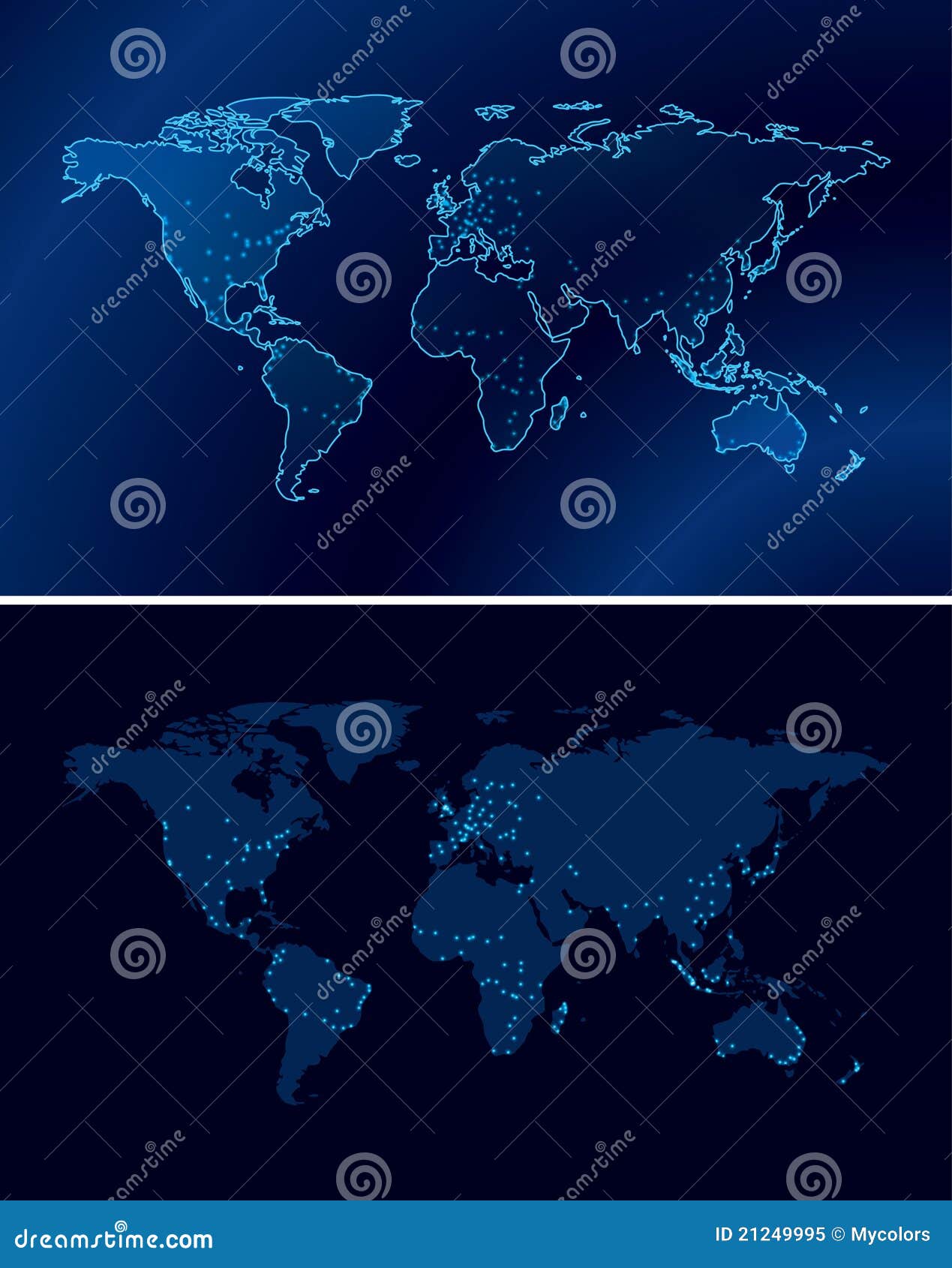 Blue Vector Maps of the World with Lights Stock Vector - Illustration ...