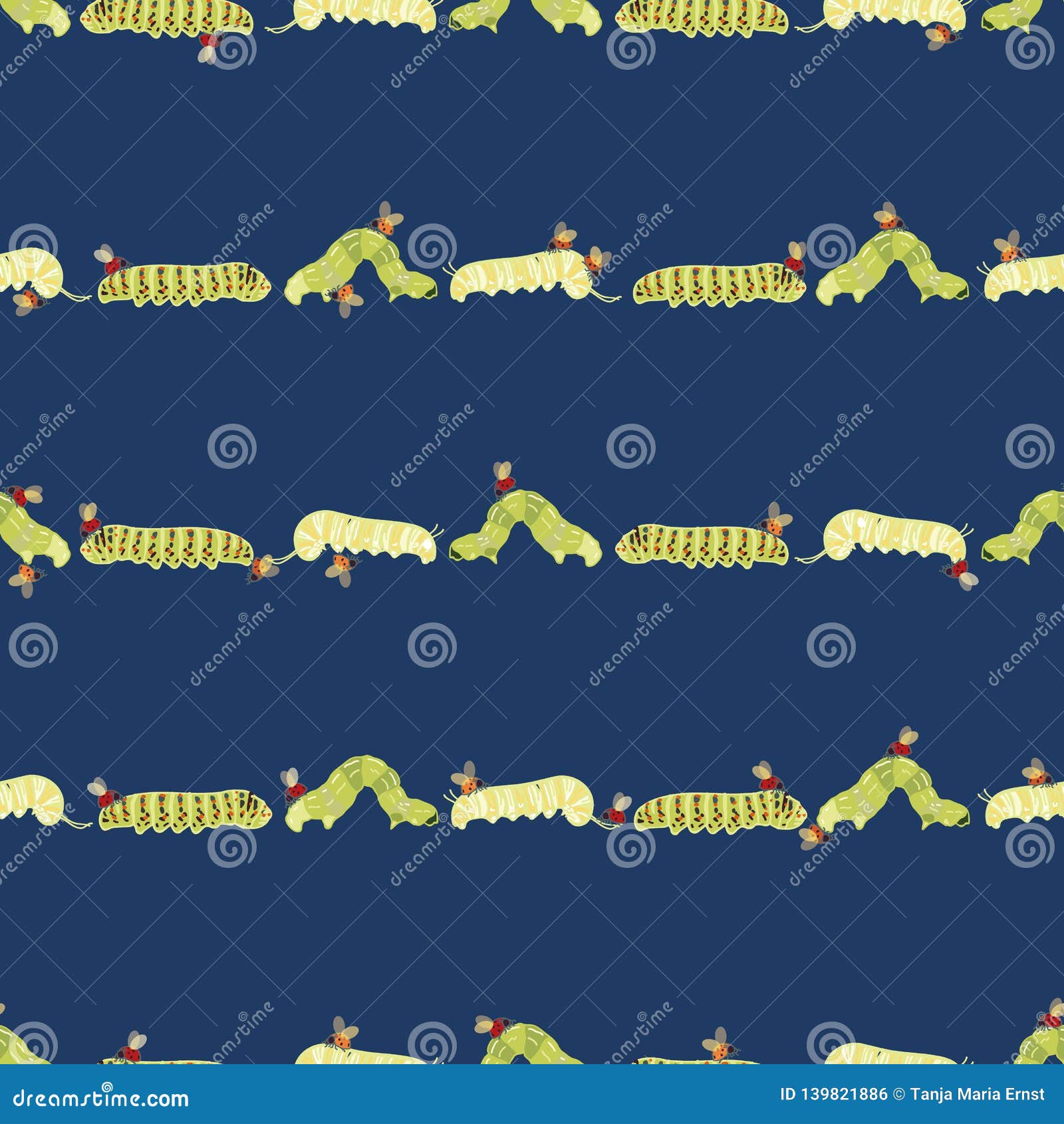 Blue Pattern with Caterpillar and Ladybug. Stock Vector - Illustration ...