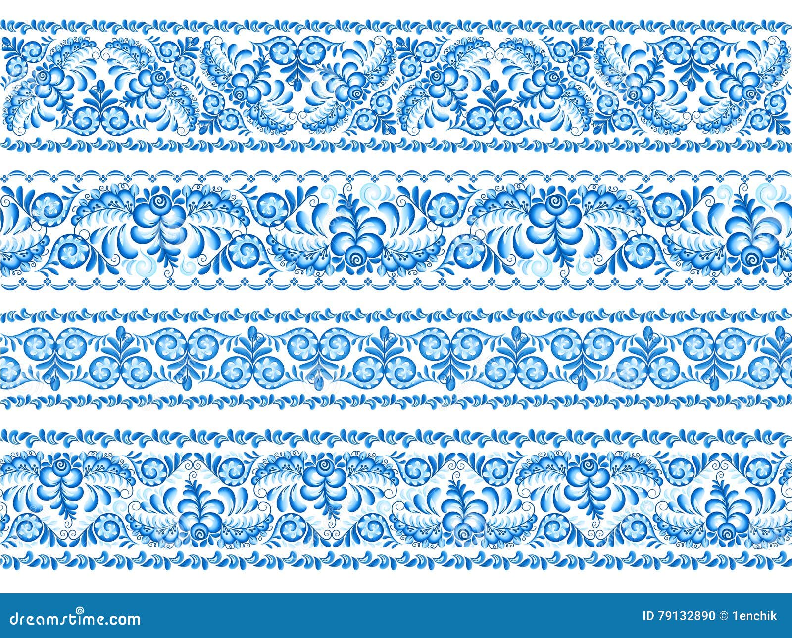 Blue Vector Seamless Borders Set in Russian Gzhel Style Stock Vector ...