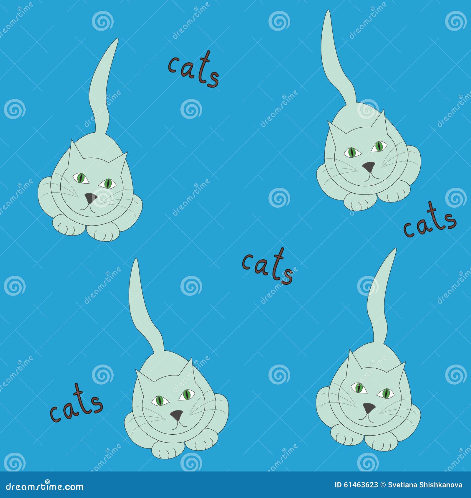 Blue Vector Seamless Pattern with Cute Cats Stock Vector - Illustration ...