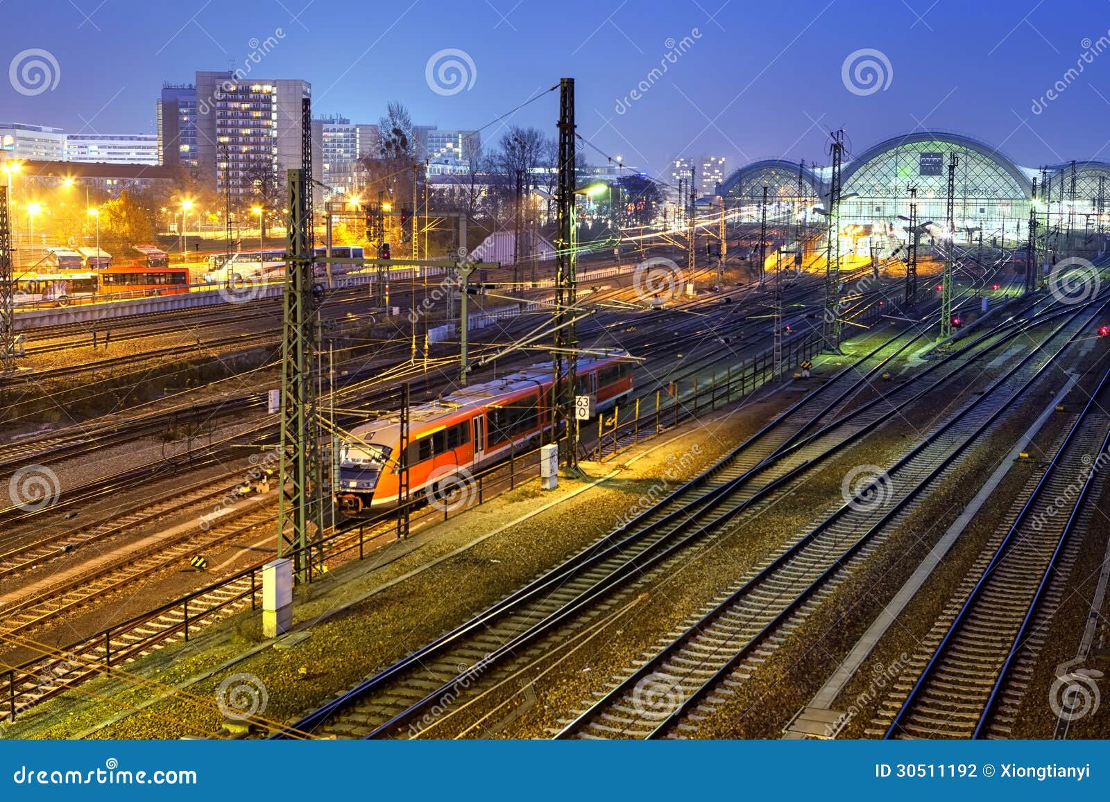 The Blue View of Central Train Station in Dresden at Night Stock Photo ...