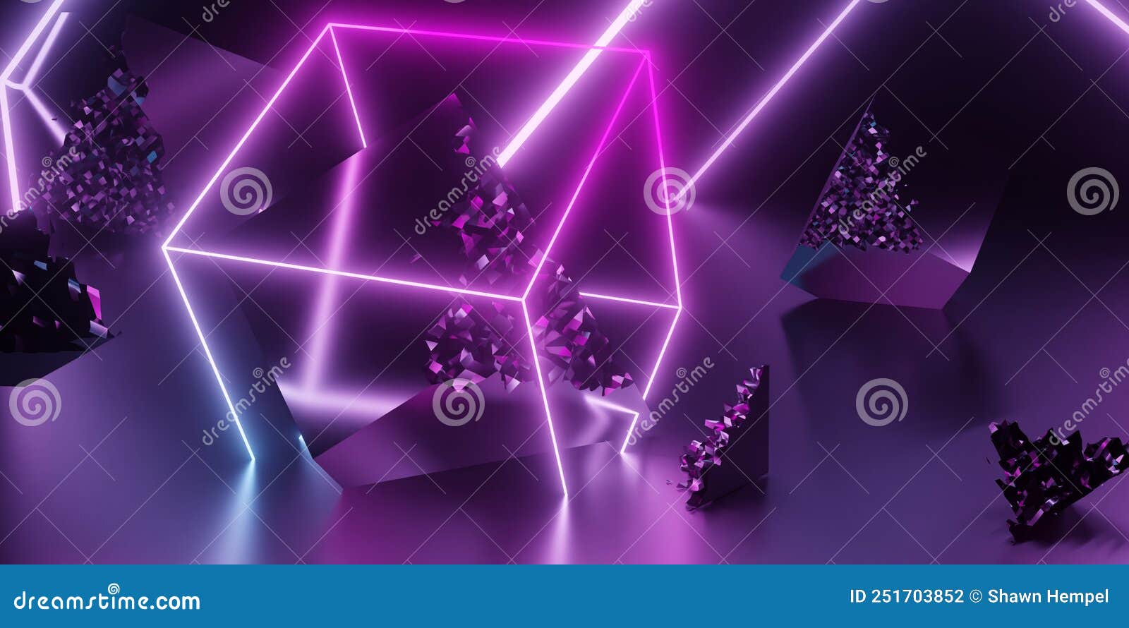 Blue and Violet Glowing Neon Wireframe Cube with Broken Chrome Cubes ...