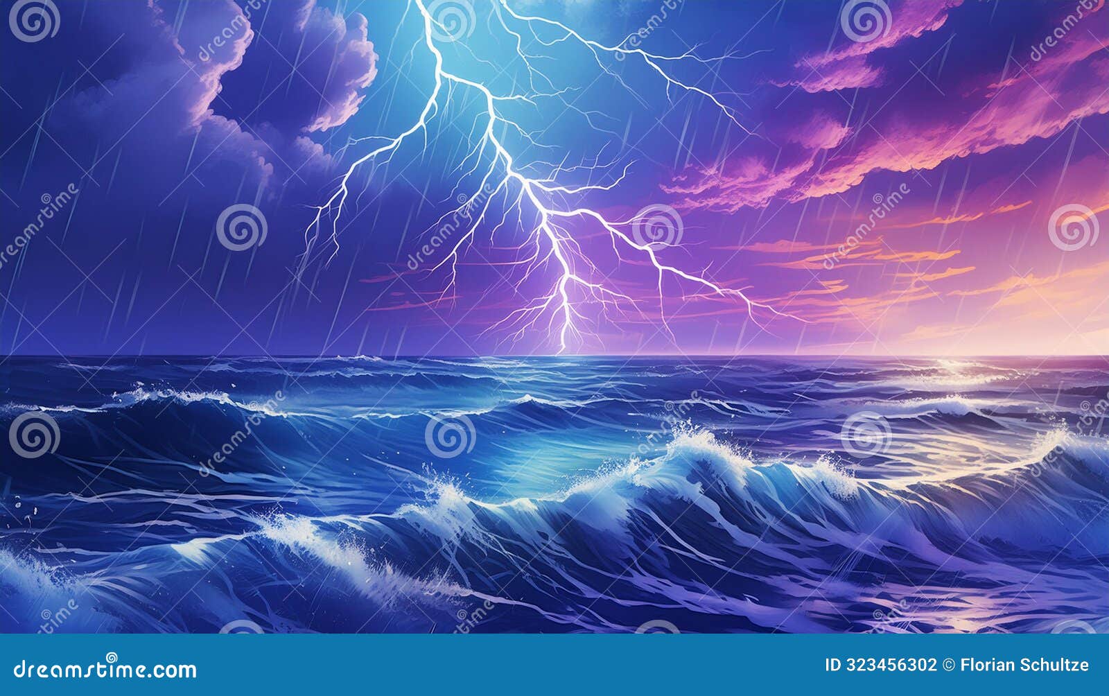 Blue Violet Sky Hurls Lightning into the Sea on the Horizon Stock ...