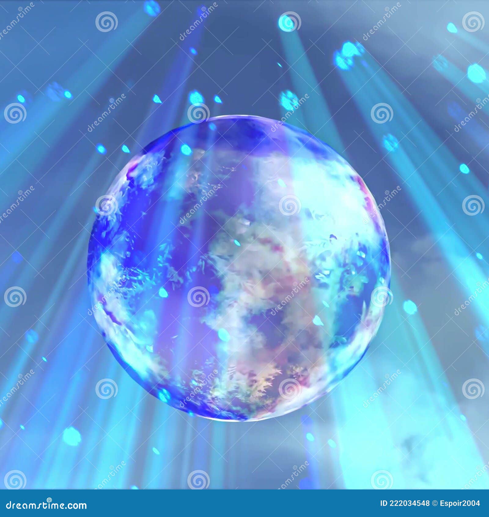 Blue Virtual Beams Illuminate The Virtual Rotating Planet 3d Rendering Stock Illustration