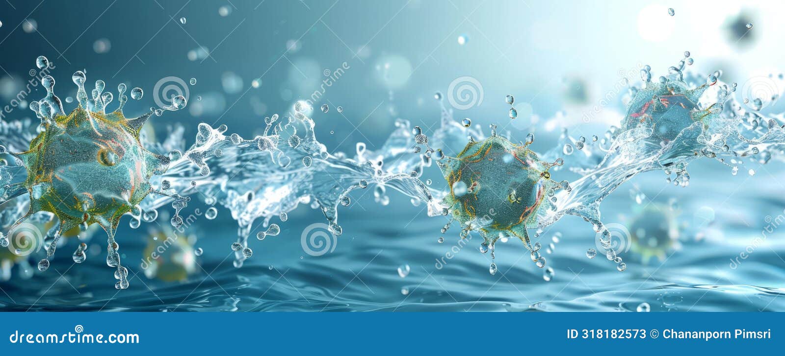 Blue Virus Particles Float on the Water Surface Stock Illustration ...