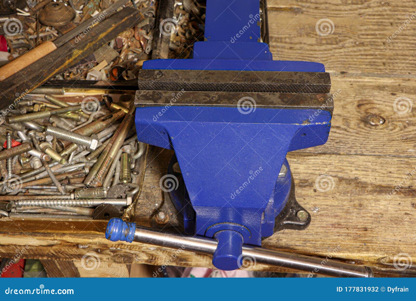 Blue Vise on a Wooden Table. Bench Tools Stock Photo - Image of ...
