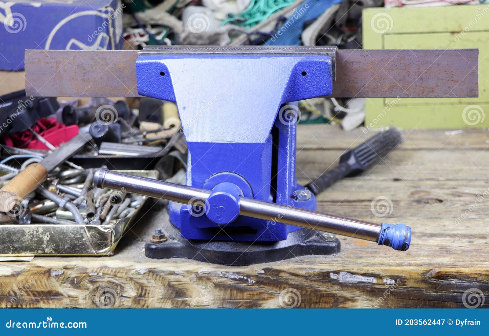 Blue Vise on a Wooden Table. Bench Tools Stock Image - Image of handle ...