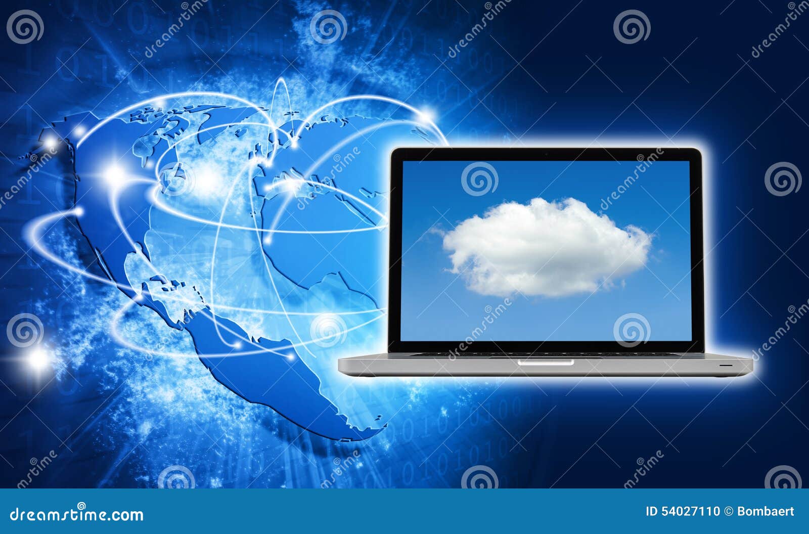 Blue Vivid Image of Globe and Laptop with Cloud Screen Stock Photo ...