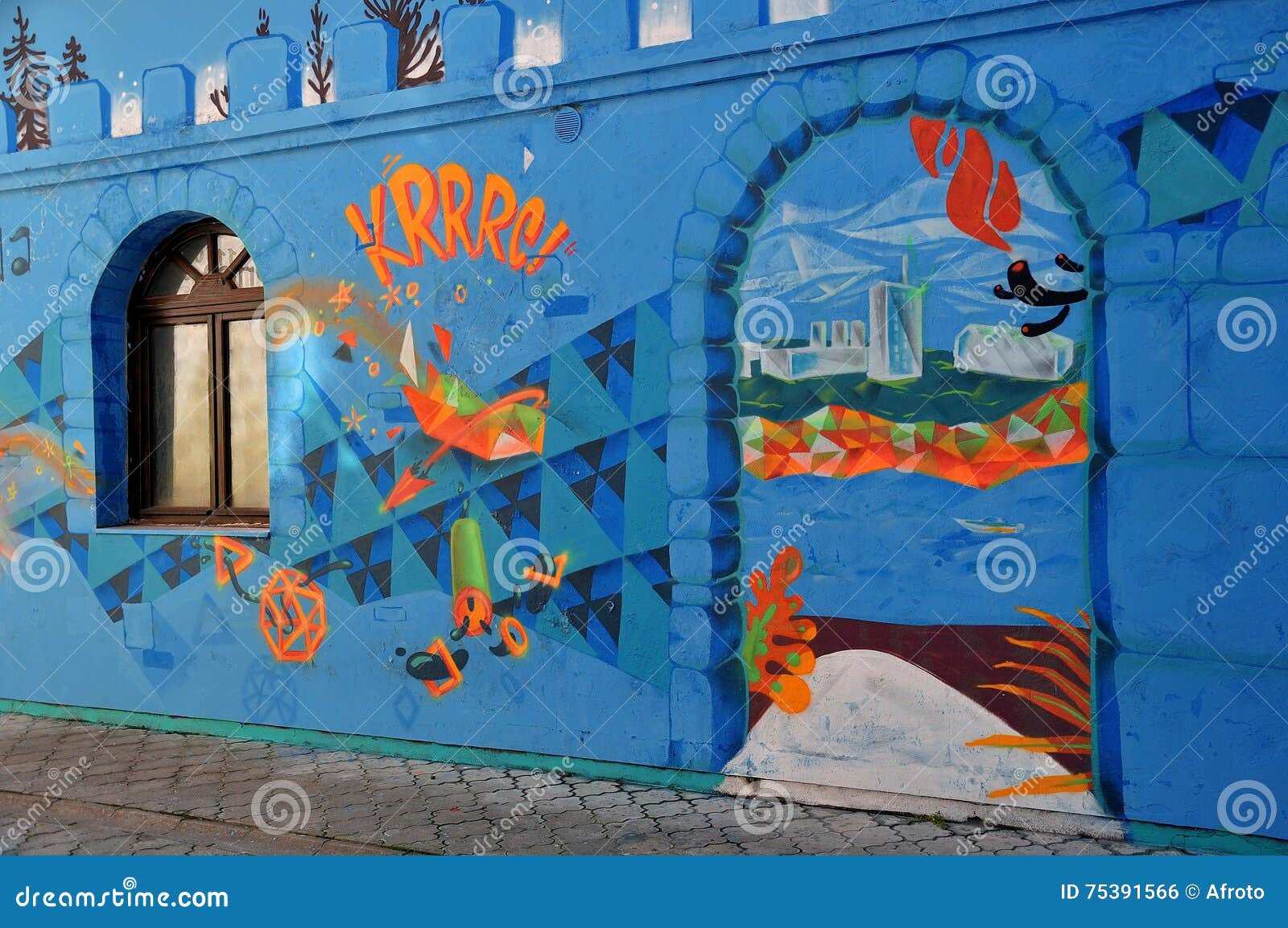 Blue wall with drawings editorial photo. Image of graffiti - 75391566