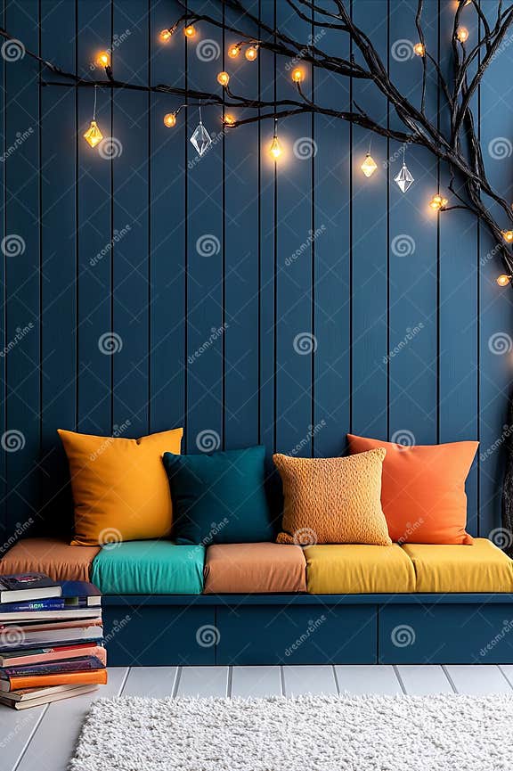 A Blue Wall with a Tree Branch and String Lights Hanging from it Stock ...