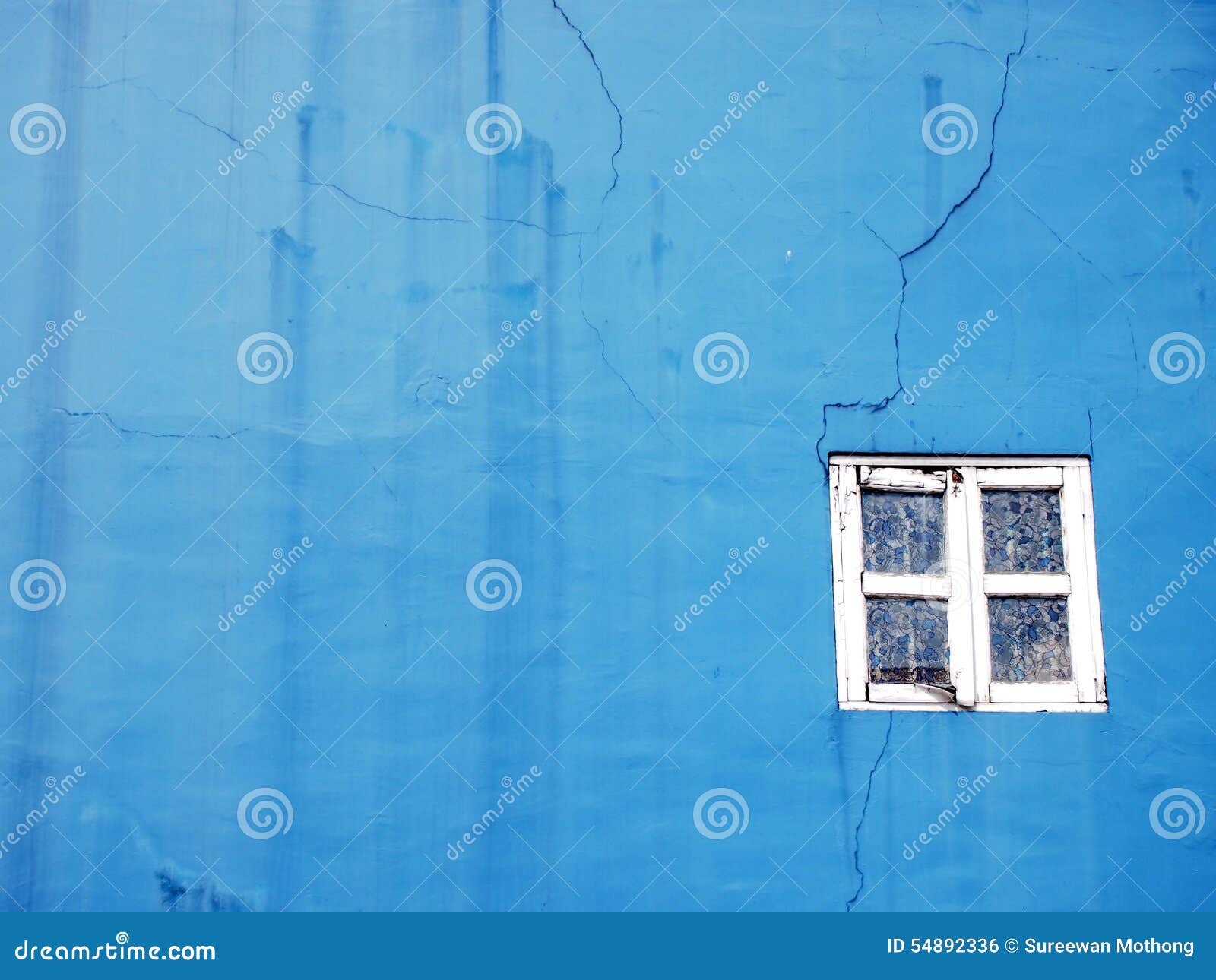 Blue Wall with White Window Frame Stock Photo - Image of leaves ...