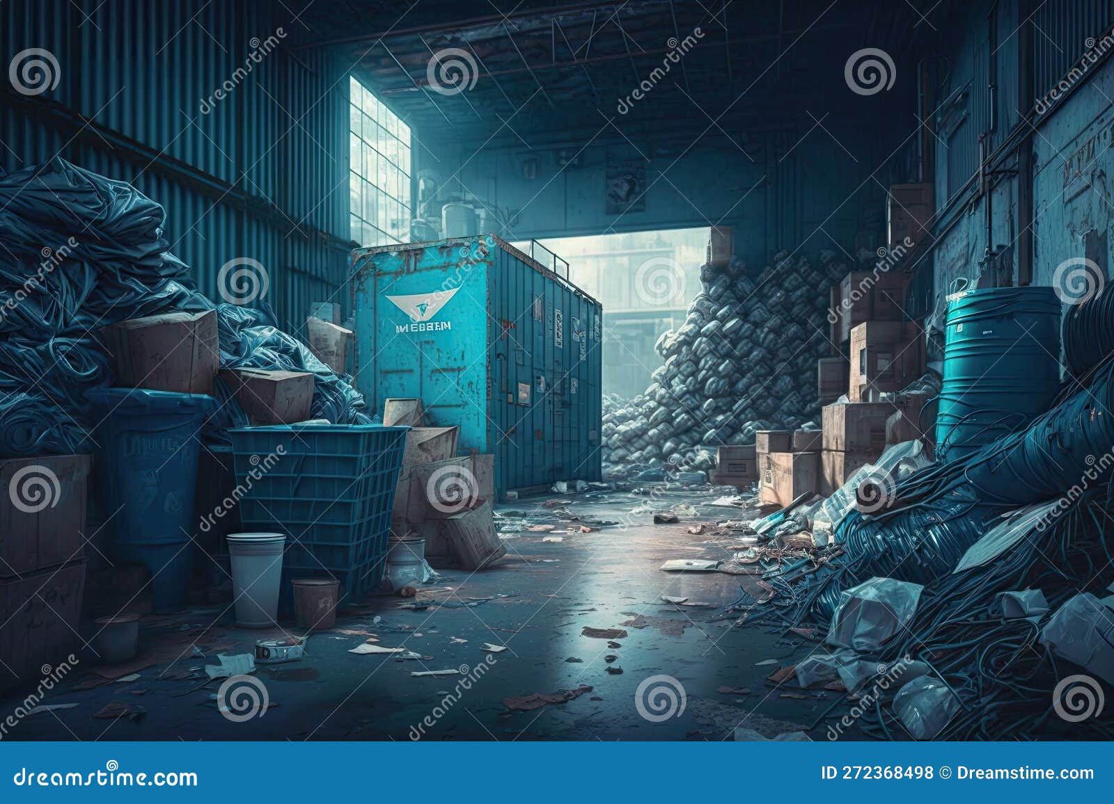 Blue Warehouse Filled with Trash and Overflowing Garbage Stock ...