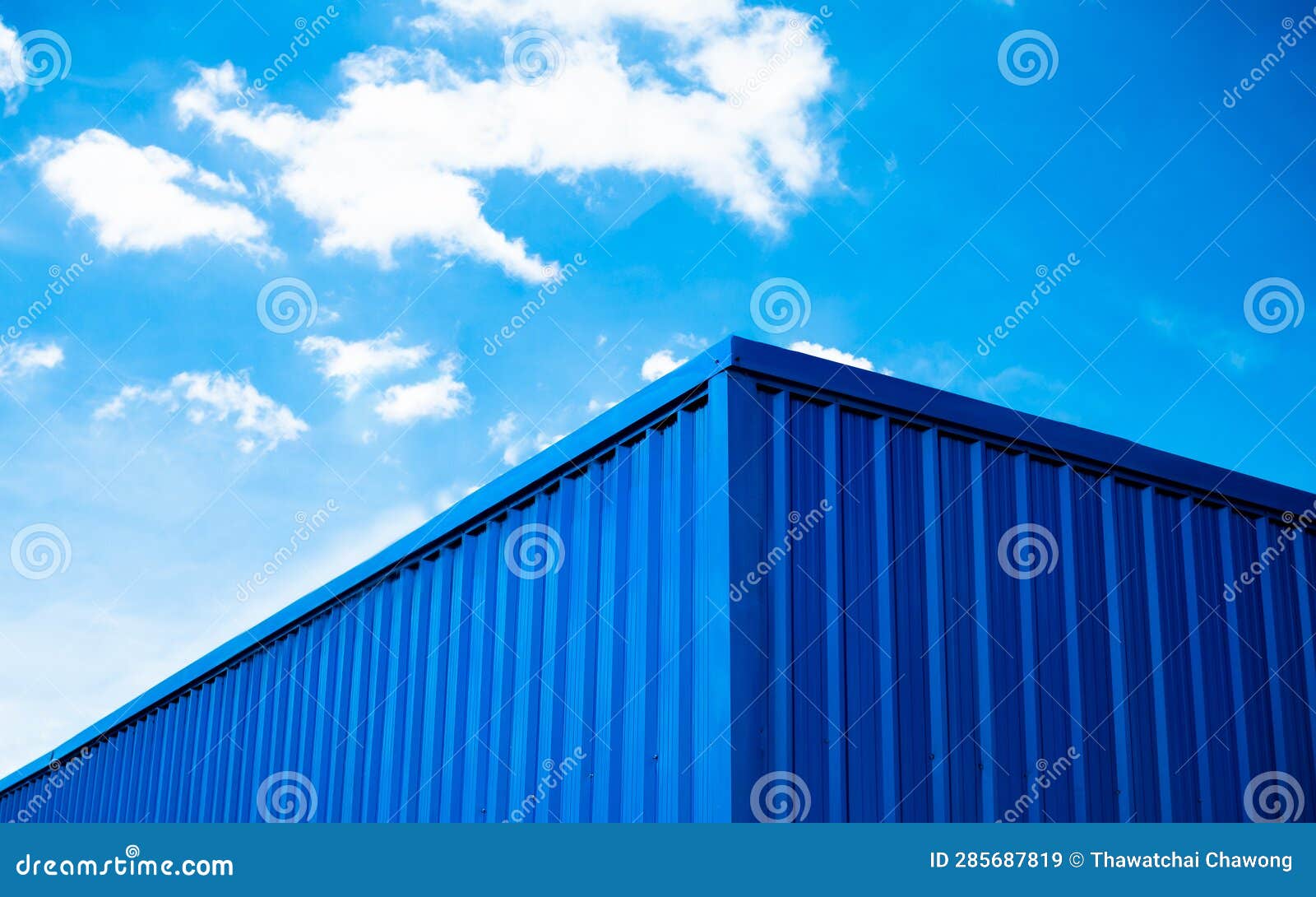 Blue Warehouse Roof with Sky and Clouds Background Stock Image - Image ...
