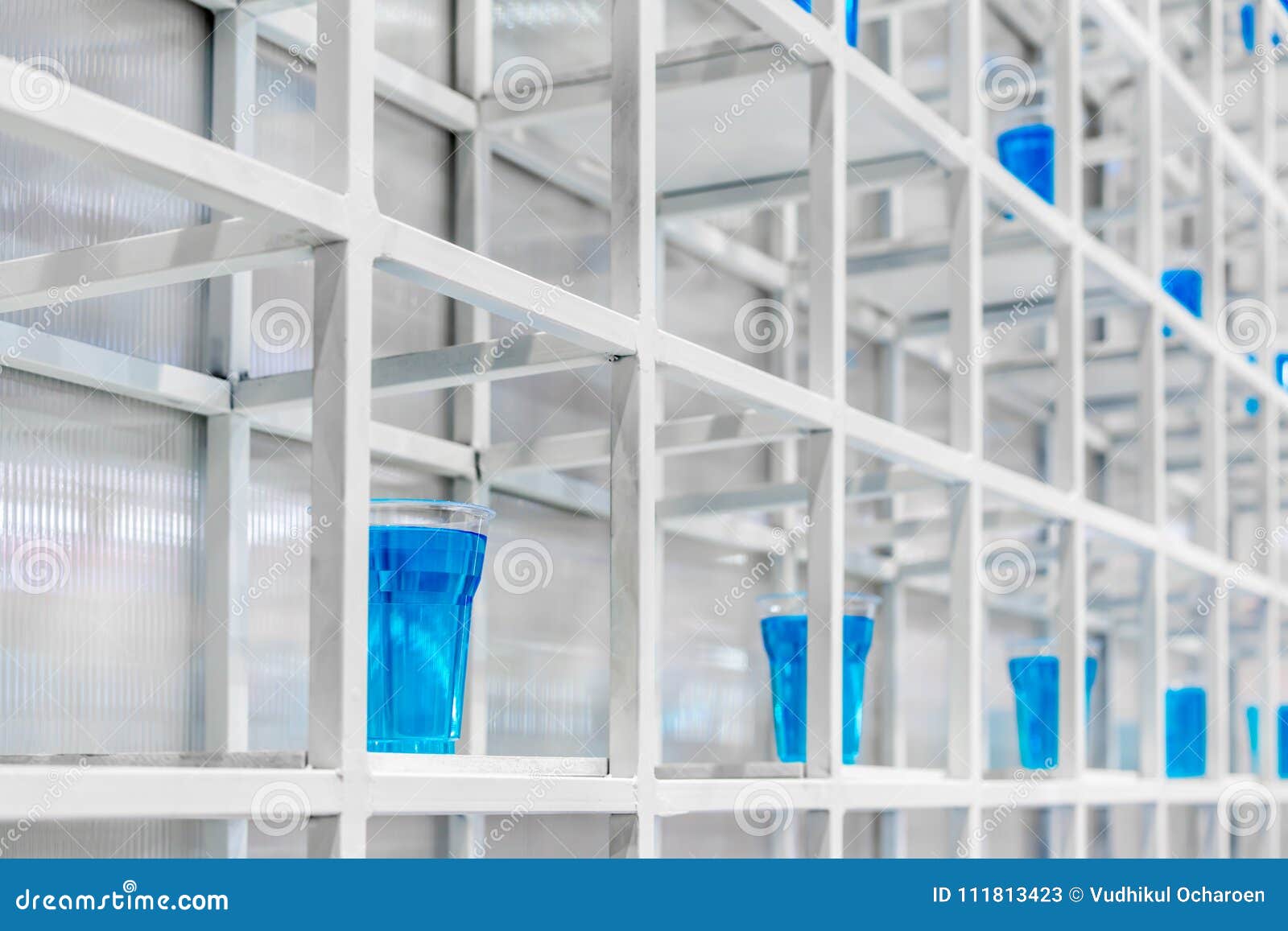 Blue Water Inside Clear Plastic Cup on White Metal Shelf Structure for ...