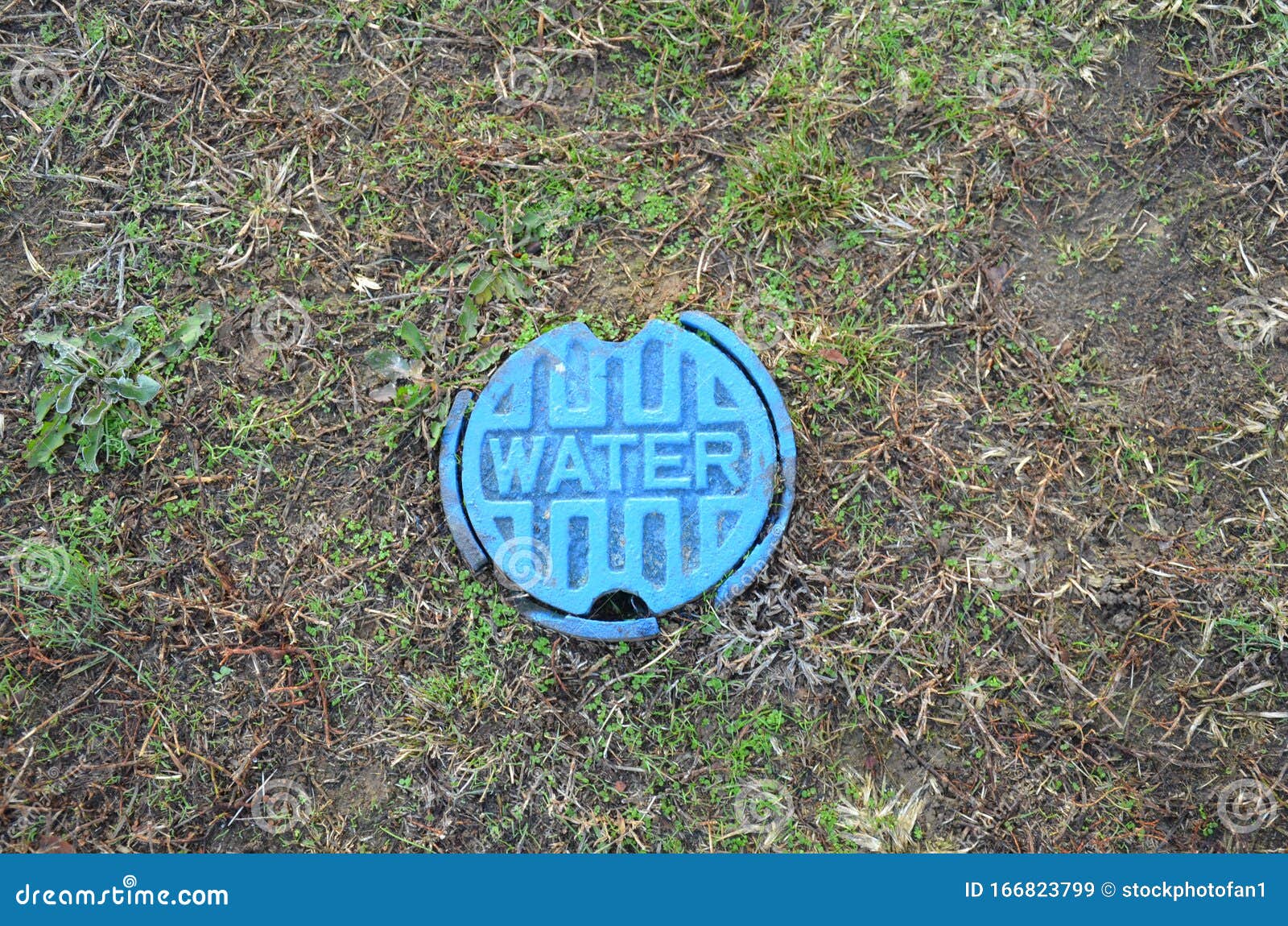Blue Water Sign and Access Panel with Green Grass or Lawn Stock Image ...