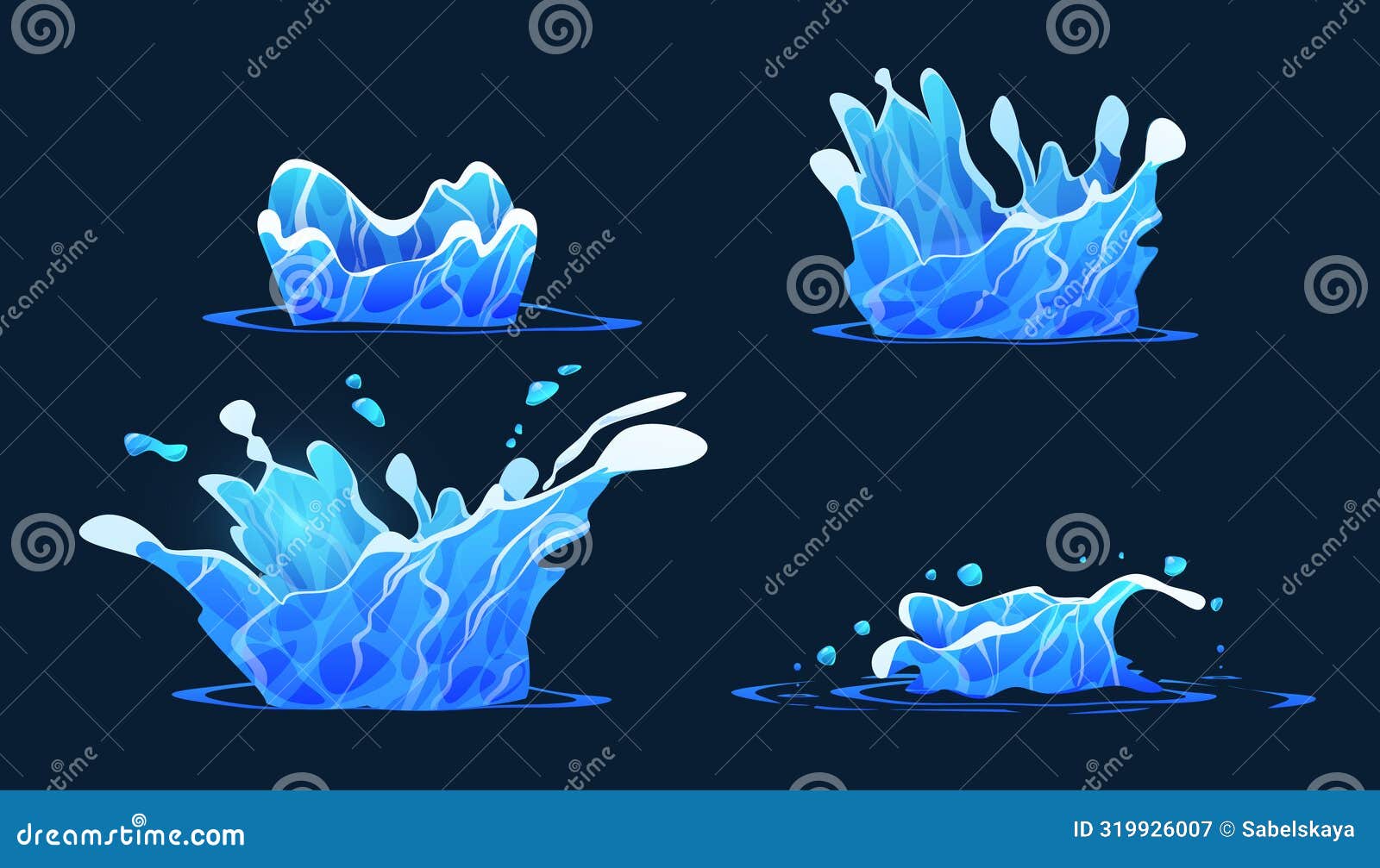 Blue Water Splash Vector Set, Splashing Fluids with Droplets Isolated ...