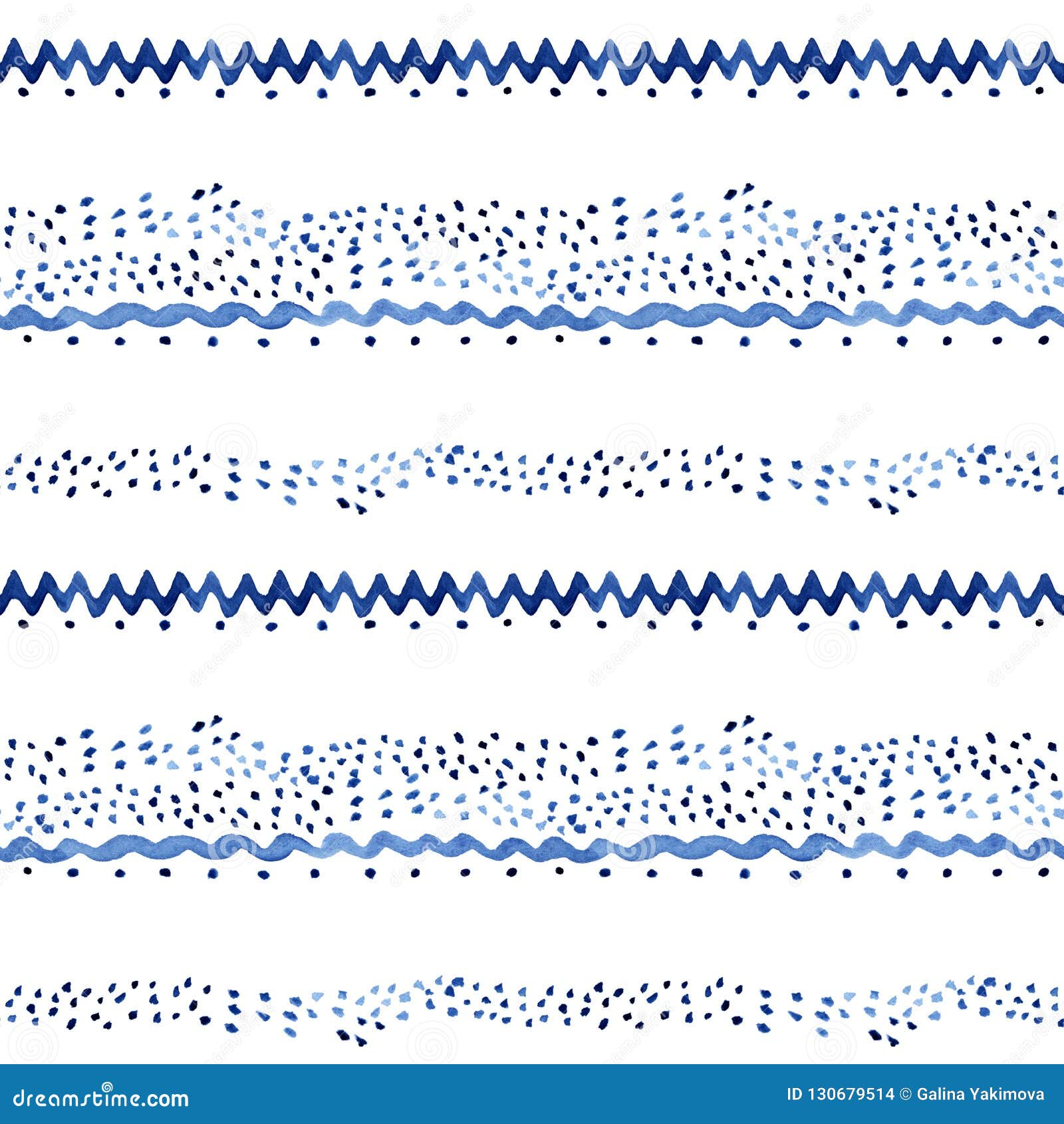 Blue Watercolor Hand-drawn Waves and Zigzag with Dots on White ...