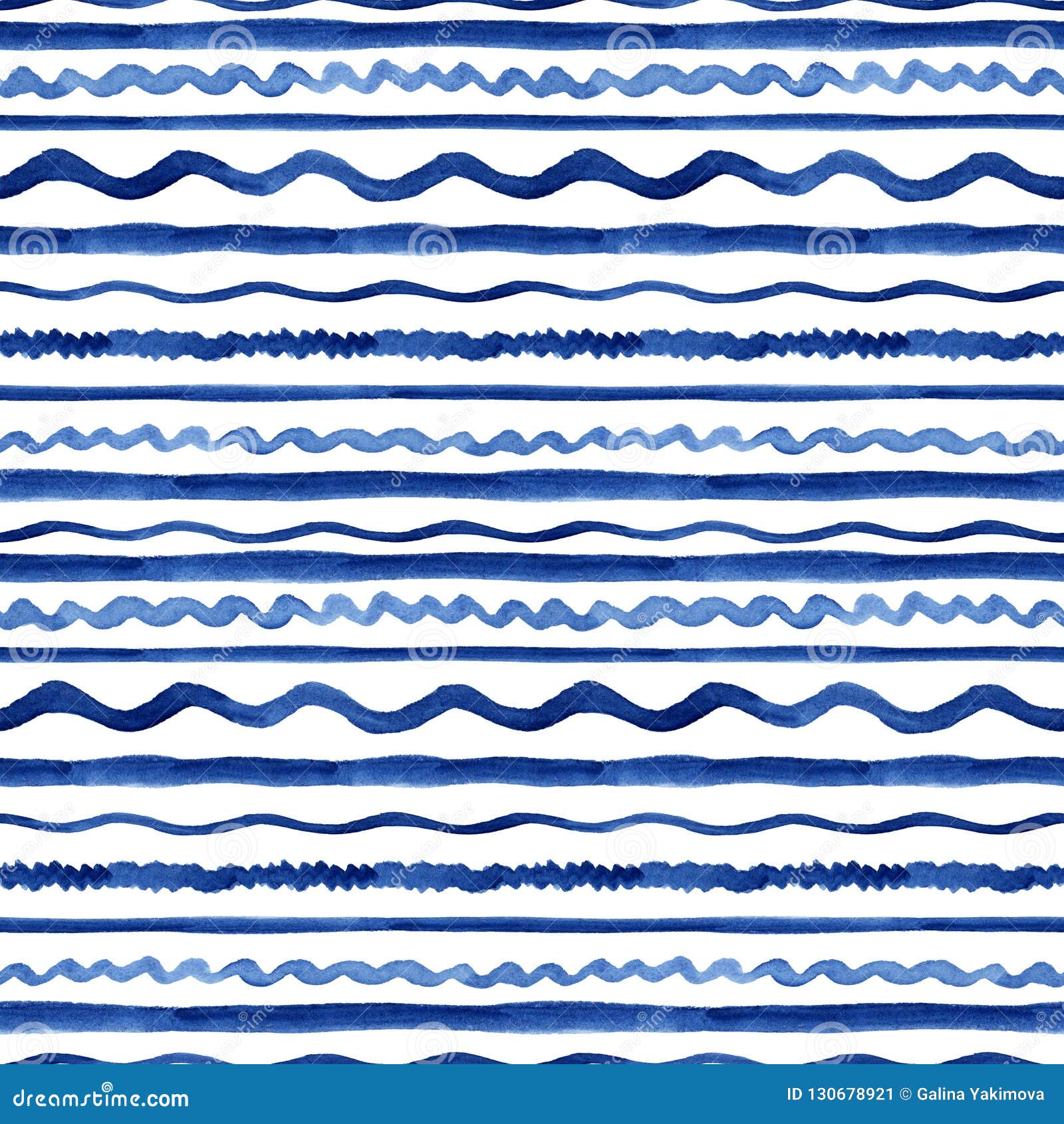 Blue Watercolor Hand-drawn Lines and Waves - Seamless Pattern Stock ...