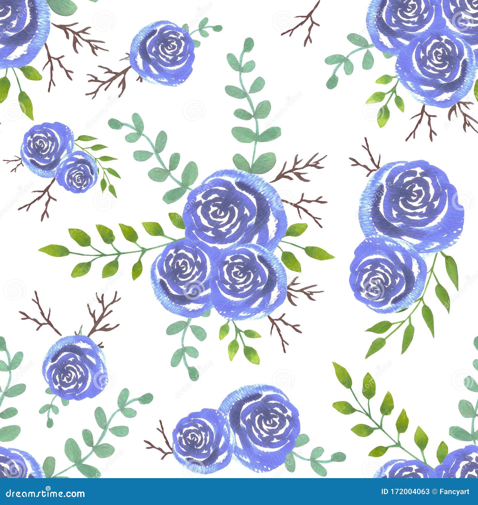 Blue Watercolor Roses Seamless Background Stock Image - Image of leaves ...