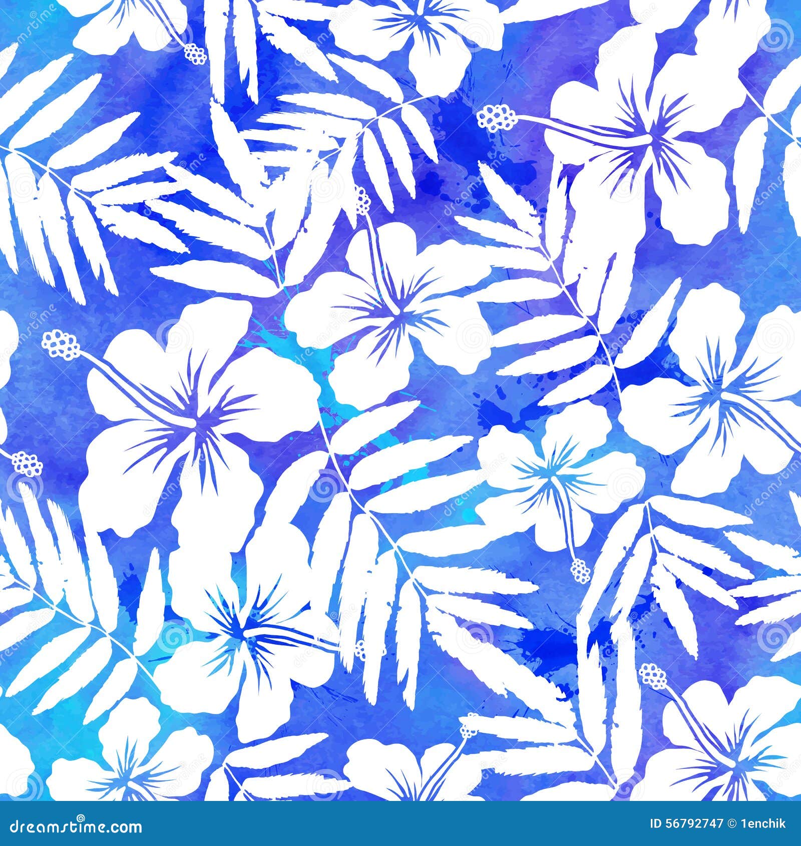 Blue Watercolor Vector Hibiscus Seamless Pattern Stock Vector ...