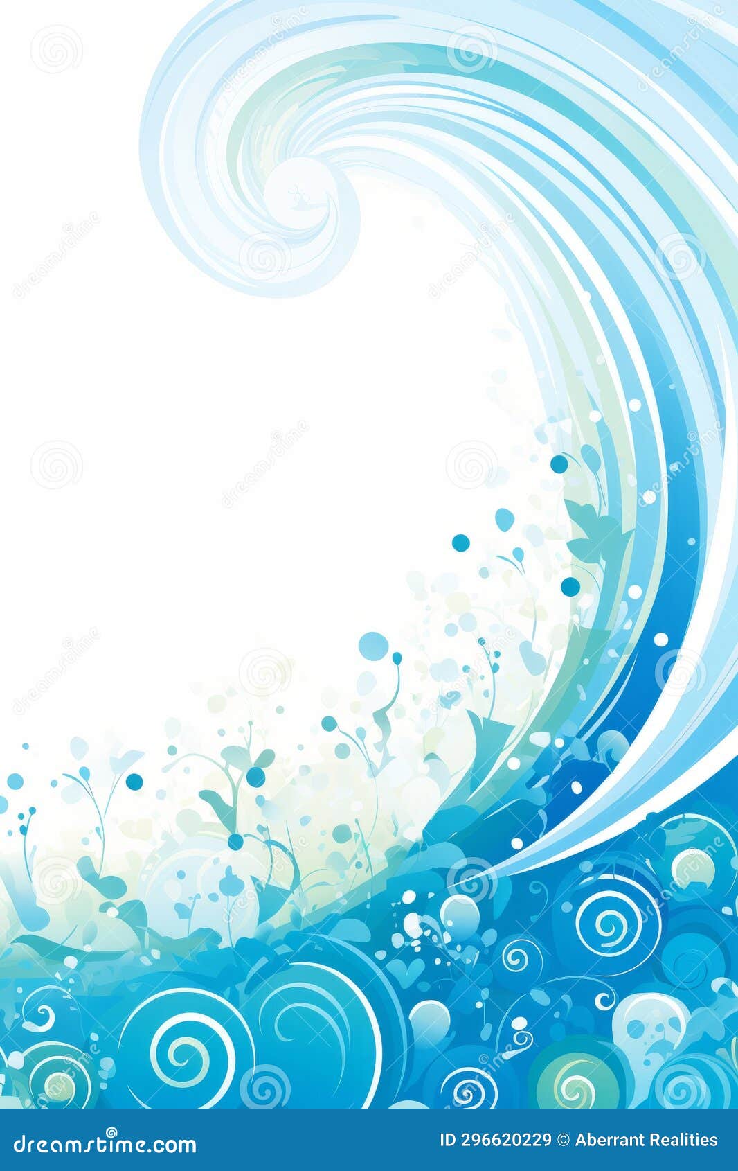 A Blue Wave with Bubbles and Flowers on a White Background Stock ...