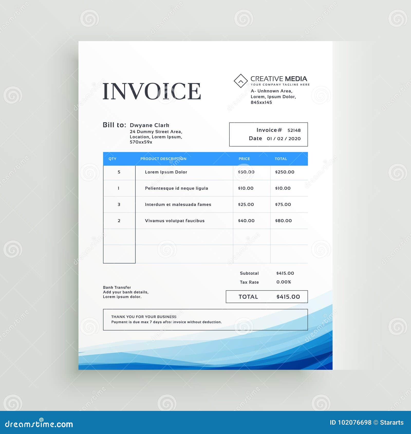 Blue Wave Invoice Template Design Stock Vector - Illustration of ...