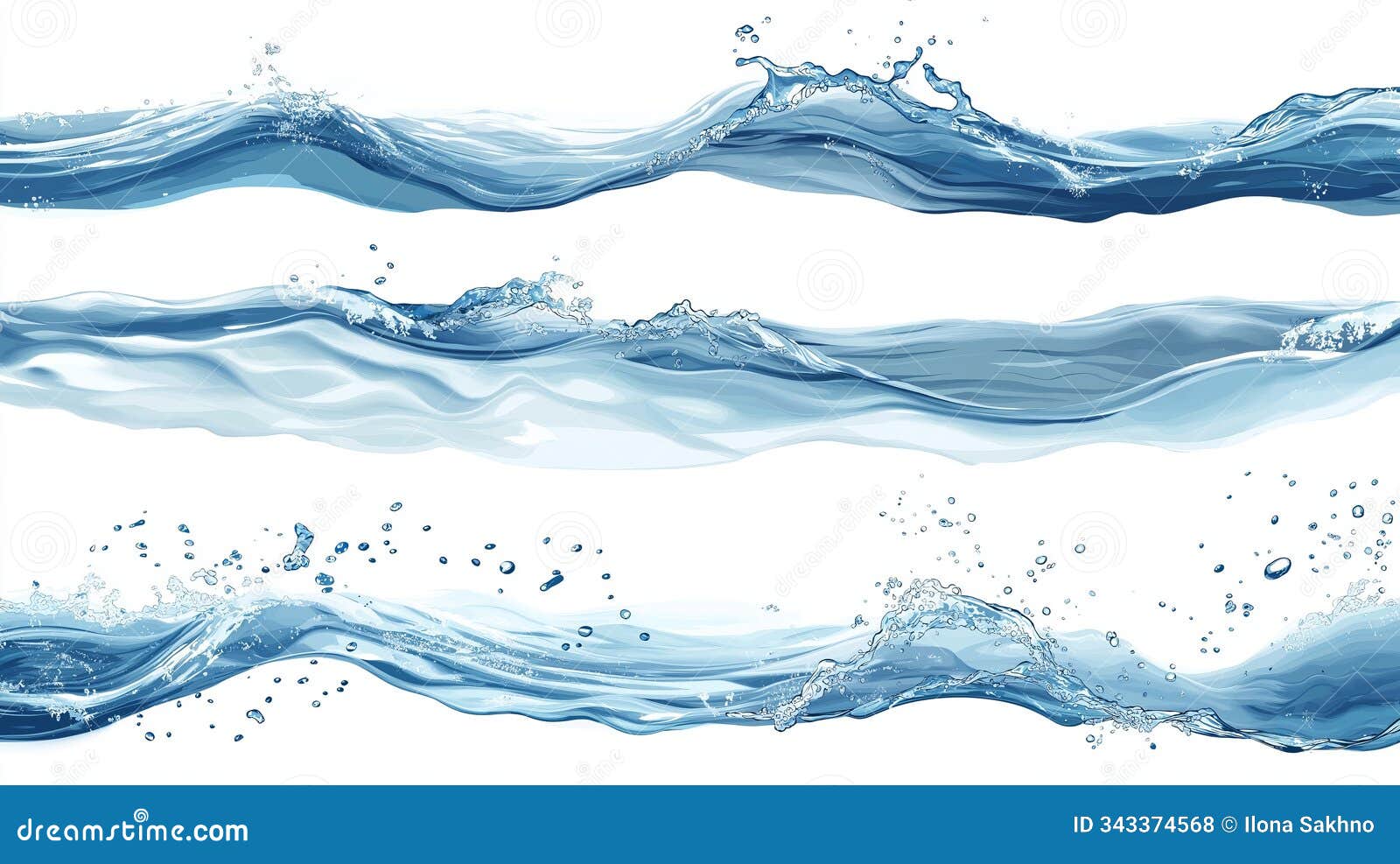 Blue Wave Patterns with Water Splash Effects on a White Background ...
