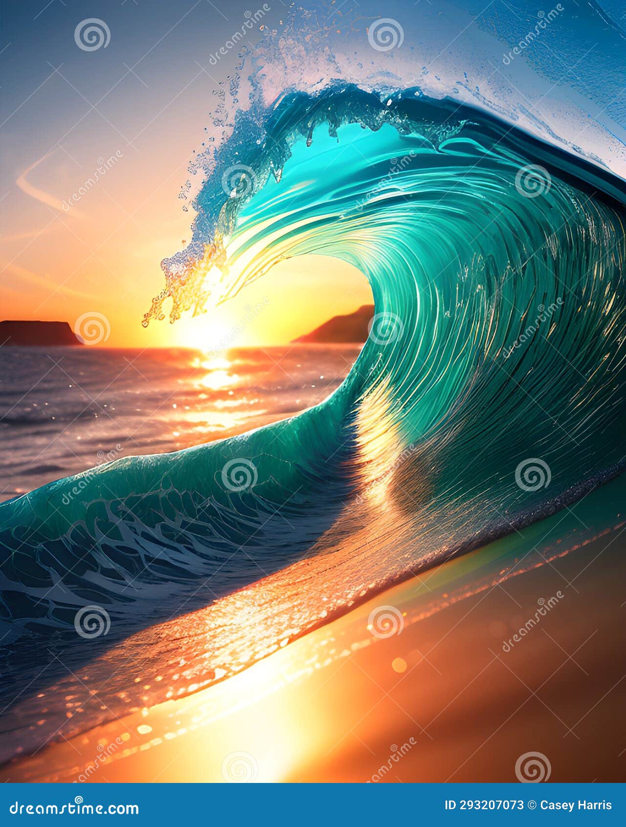 Blue wave and sunset stock illustration. Illustration of beach - 293207073