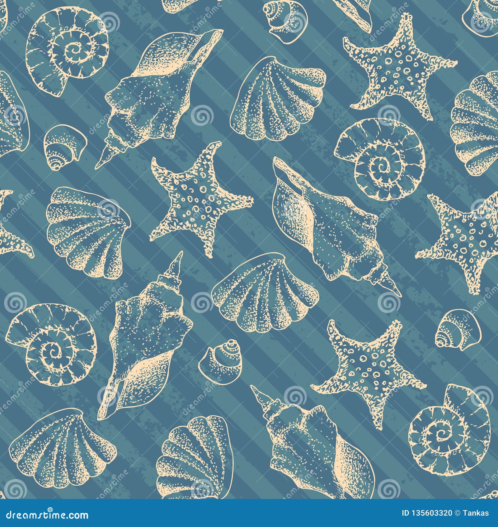 Blue Waves Pattern and Hand Draw in Marine Style. Stock Vector ...