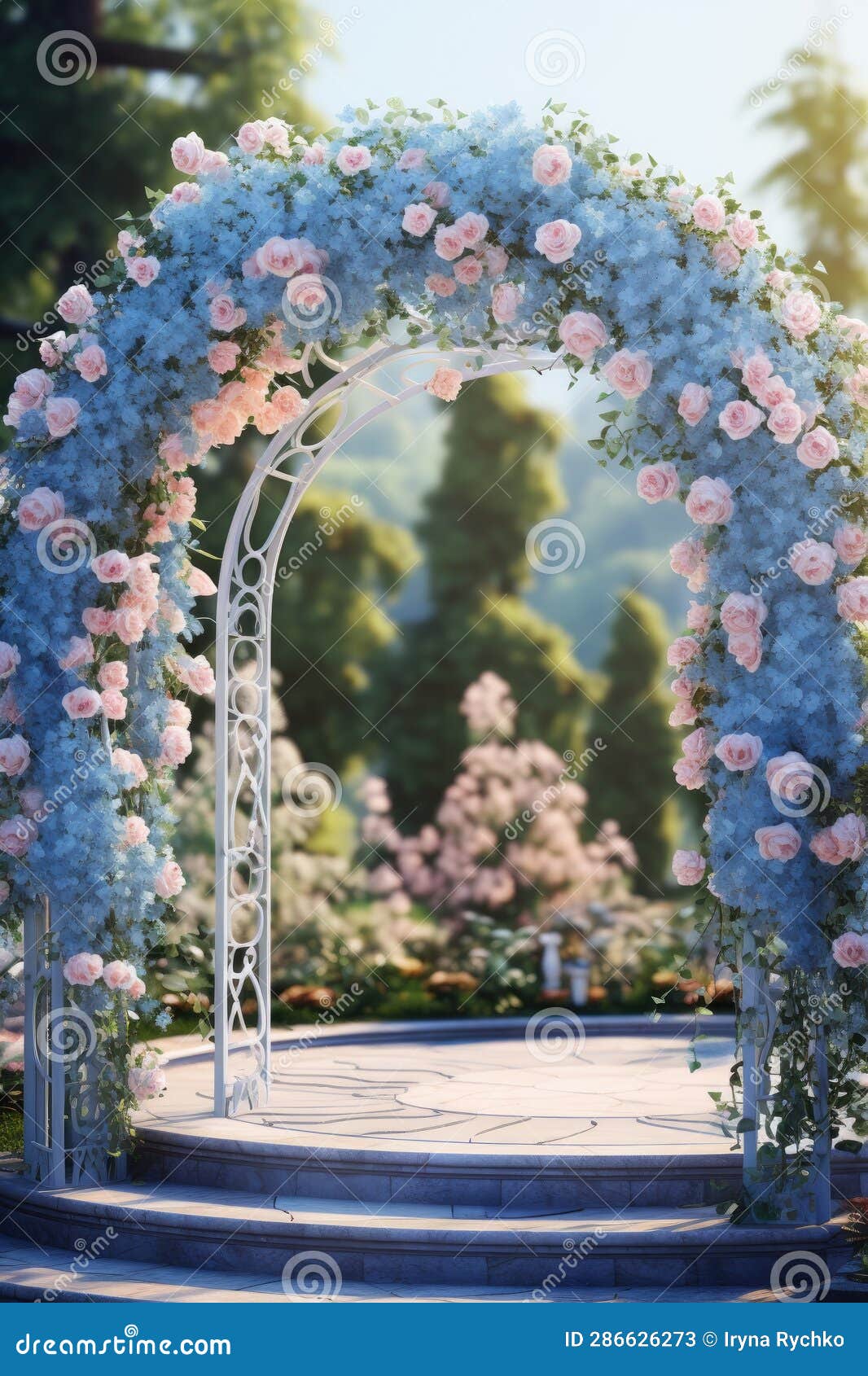 Blue Wedding Arch with Roses in Garden Stock Image - Image of ...