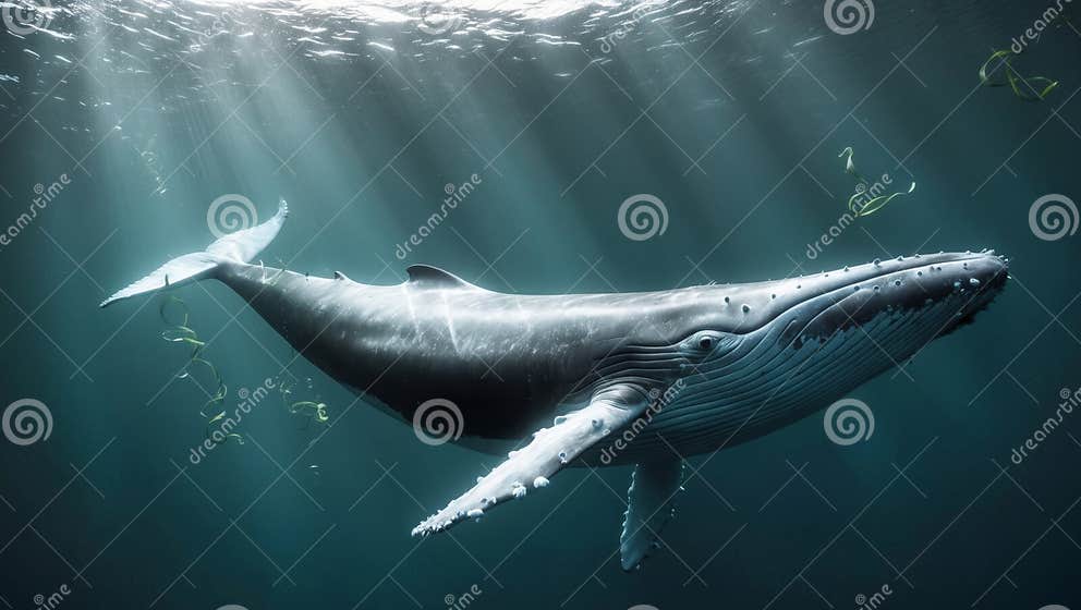 Blue Whale Swims Alone in the Deep Ocean. Stock Photo - Image of floor ...