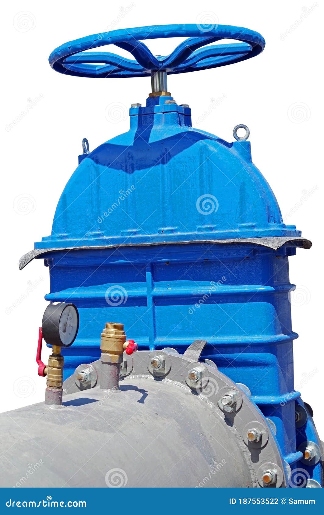 Blue Wheel Valve with Pipe on White Stock Photo - Image of metallic ...