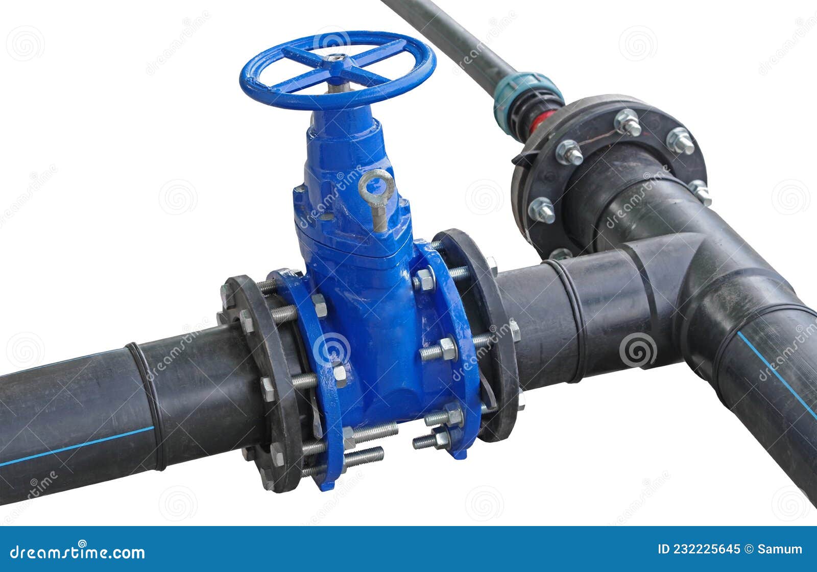 Blue Wheel Valve with Pipe on White Stock Image - Image of open ...
